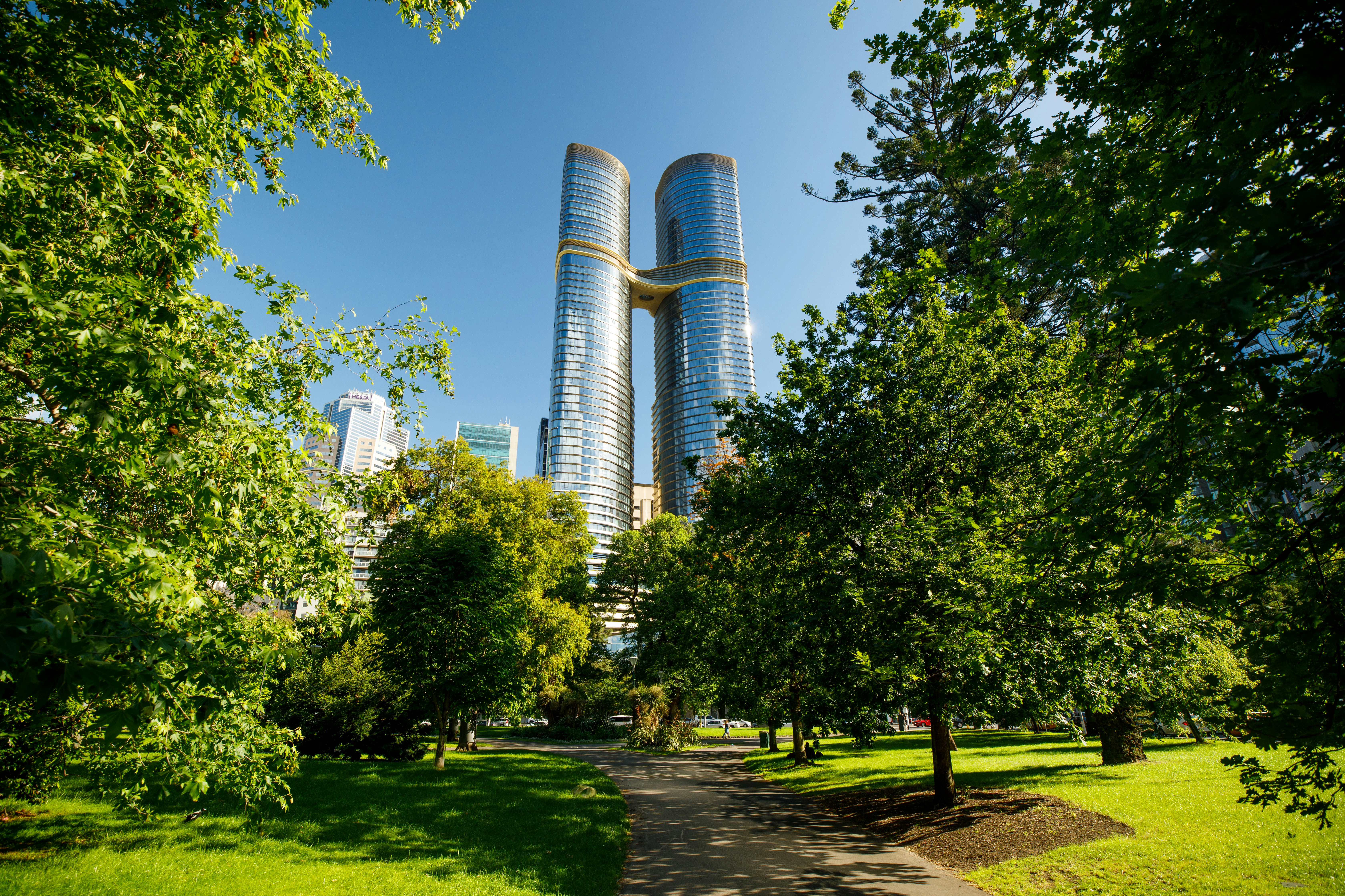 Urban Glass Towers Rising Beyond a Lush City Park