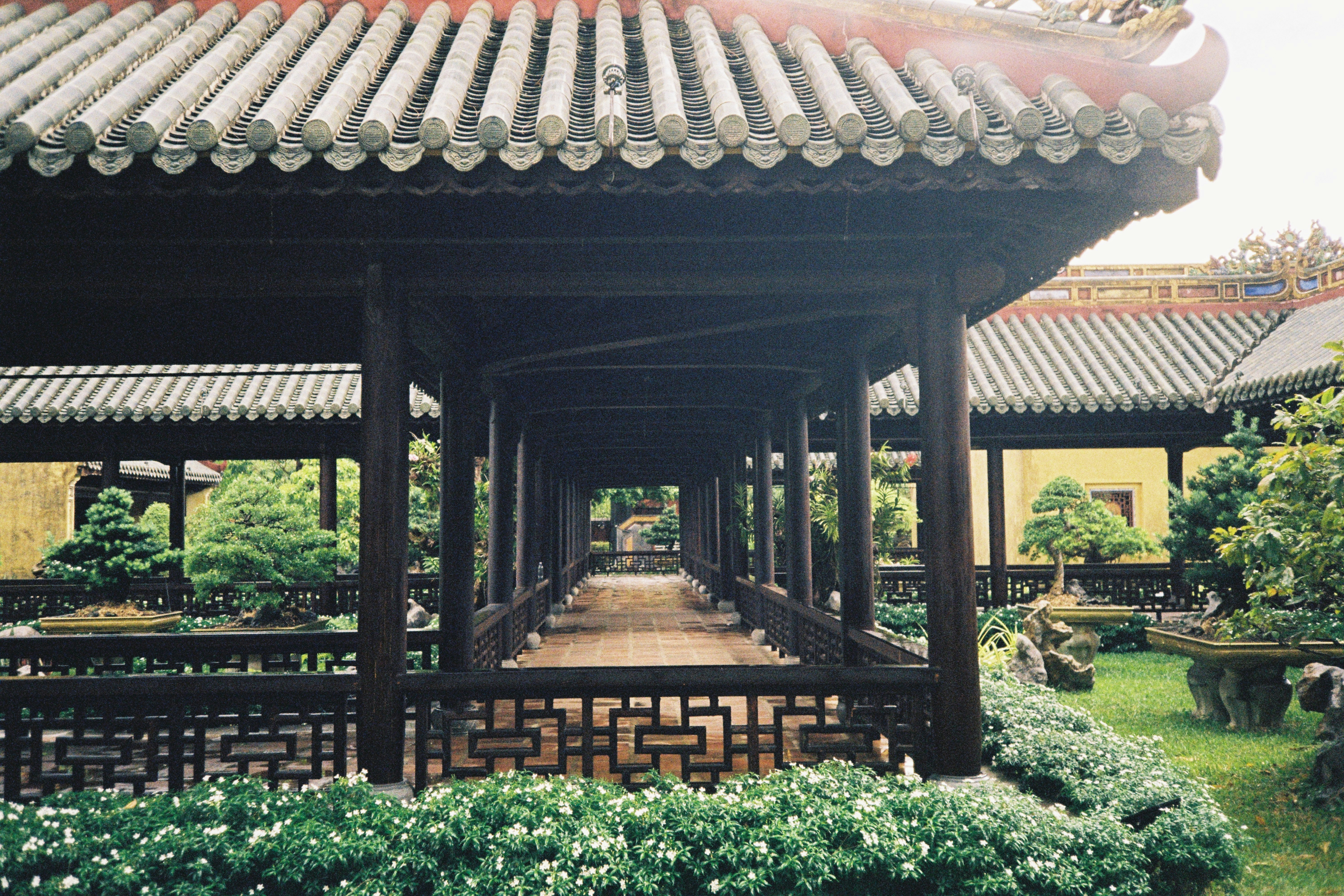 Colonnaded Path Through a Traditional Chinese Courtyard Garden
