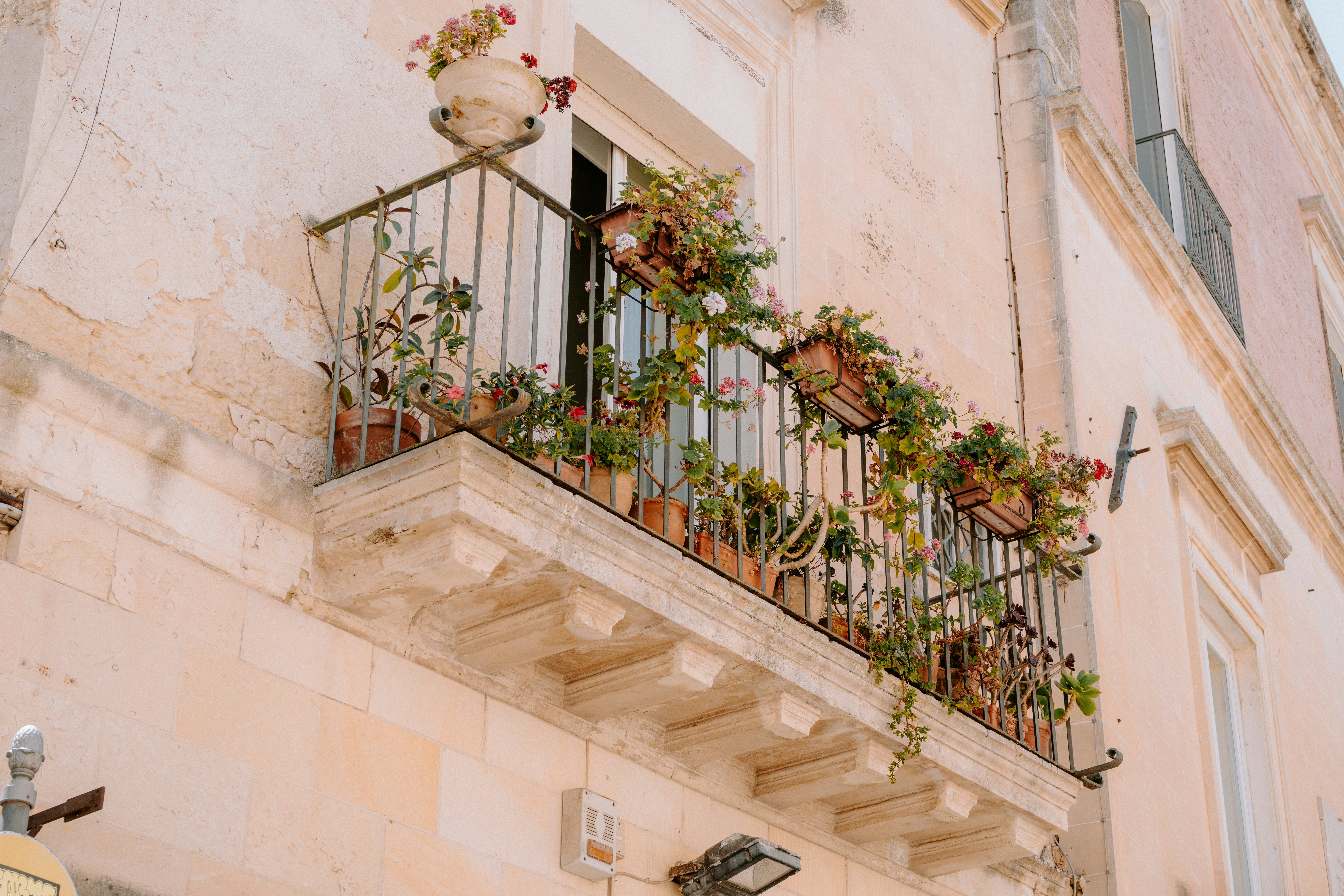 Balcony of Blooms in Warm Limestone Light