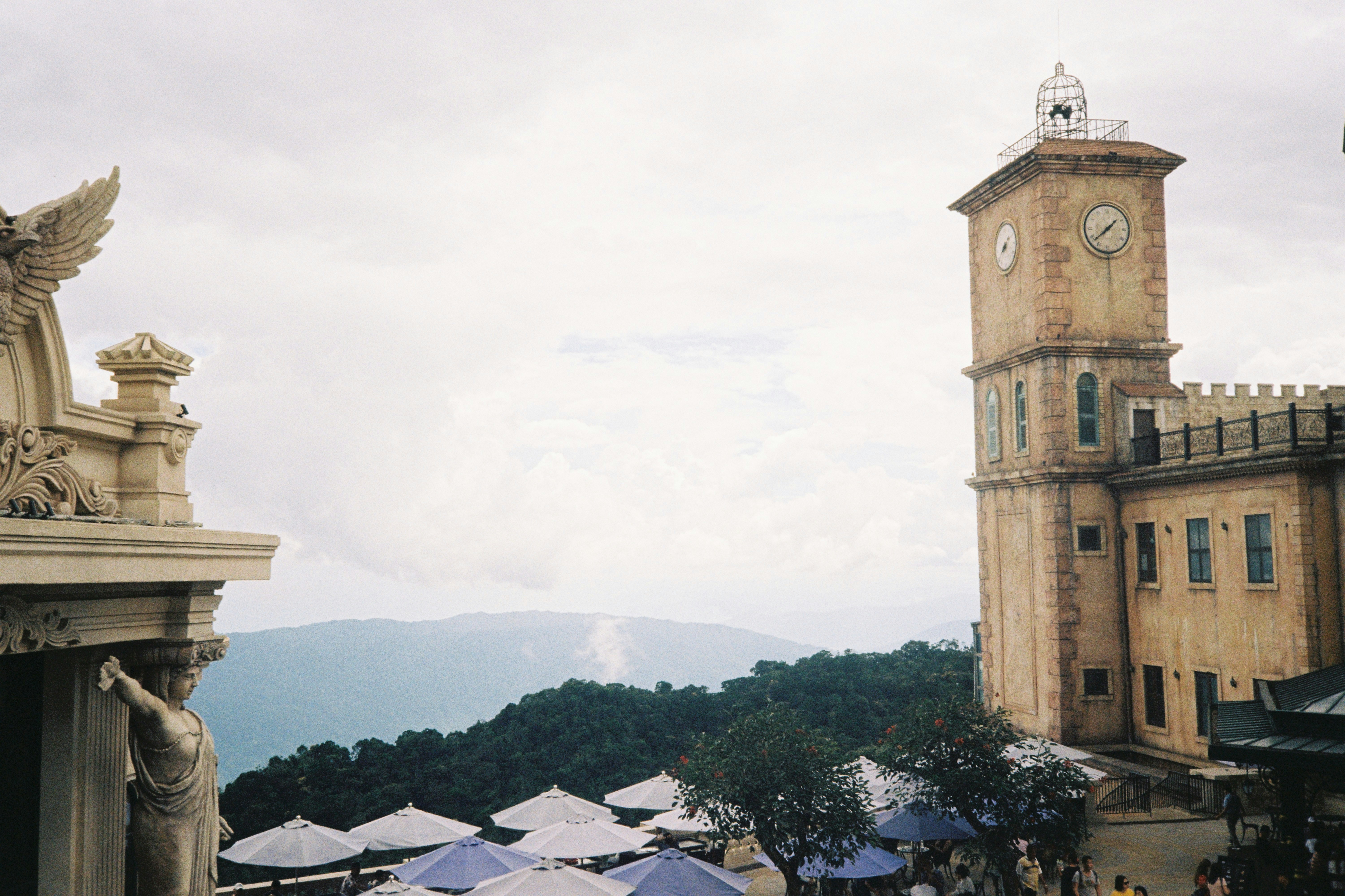Clocktower Vista over Terraced Terrace: A Historic Complex in Soft Light