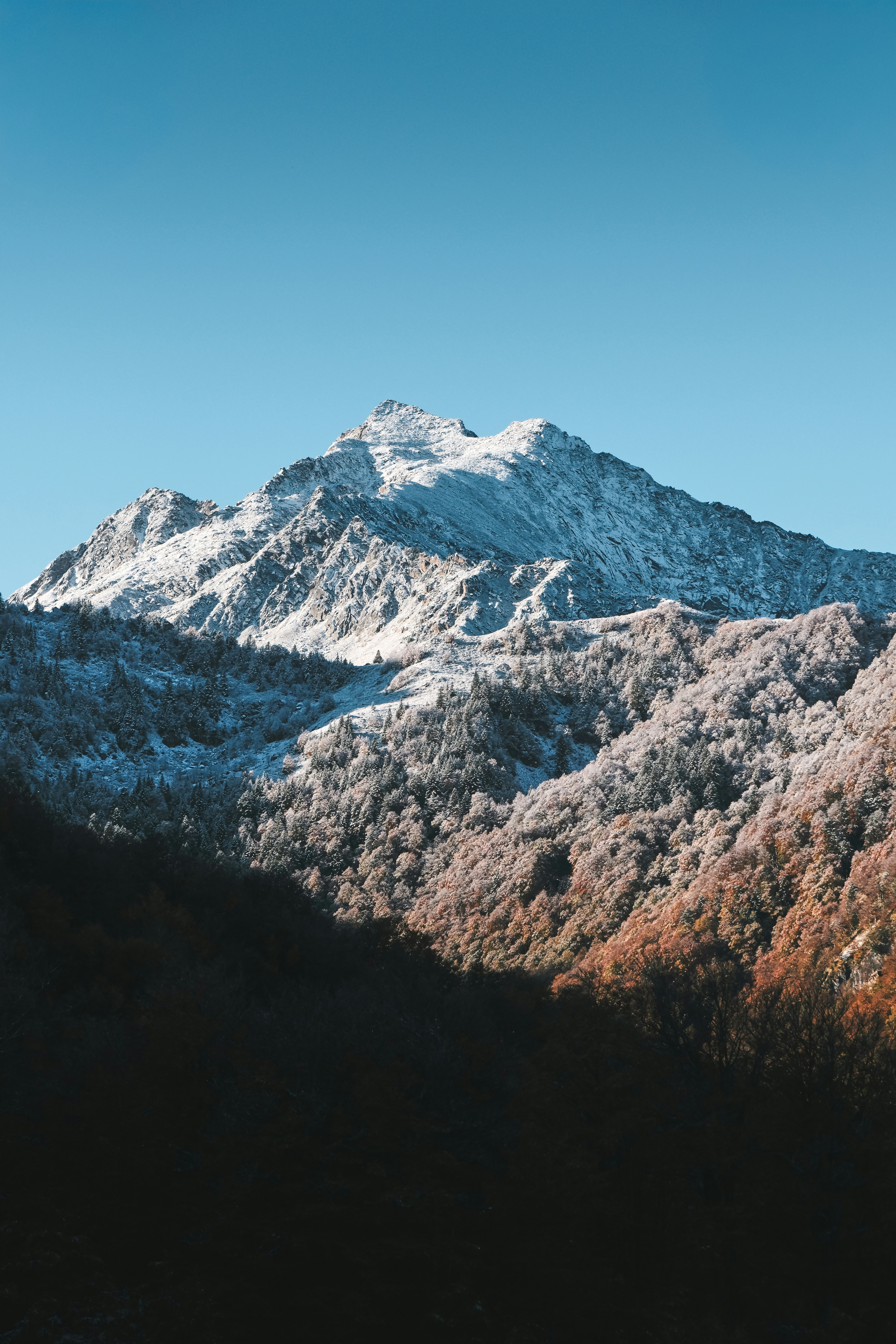 Snow-capped Peak Reaching Toward a Clear Blue Sky