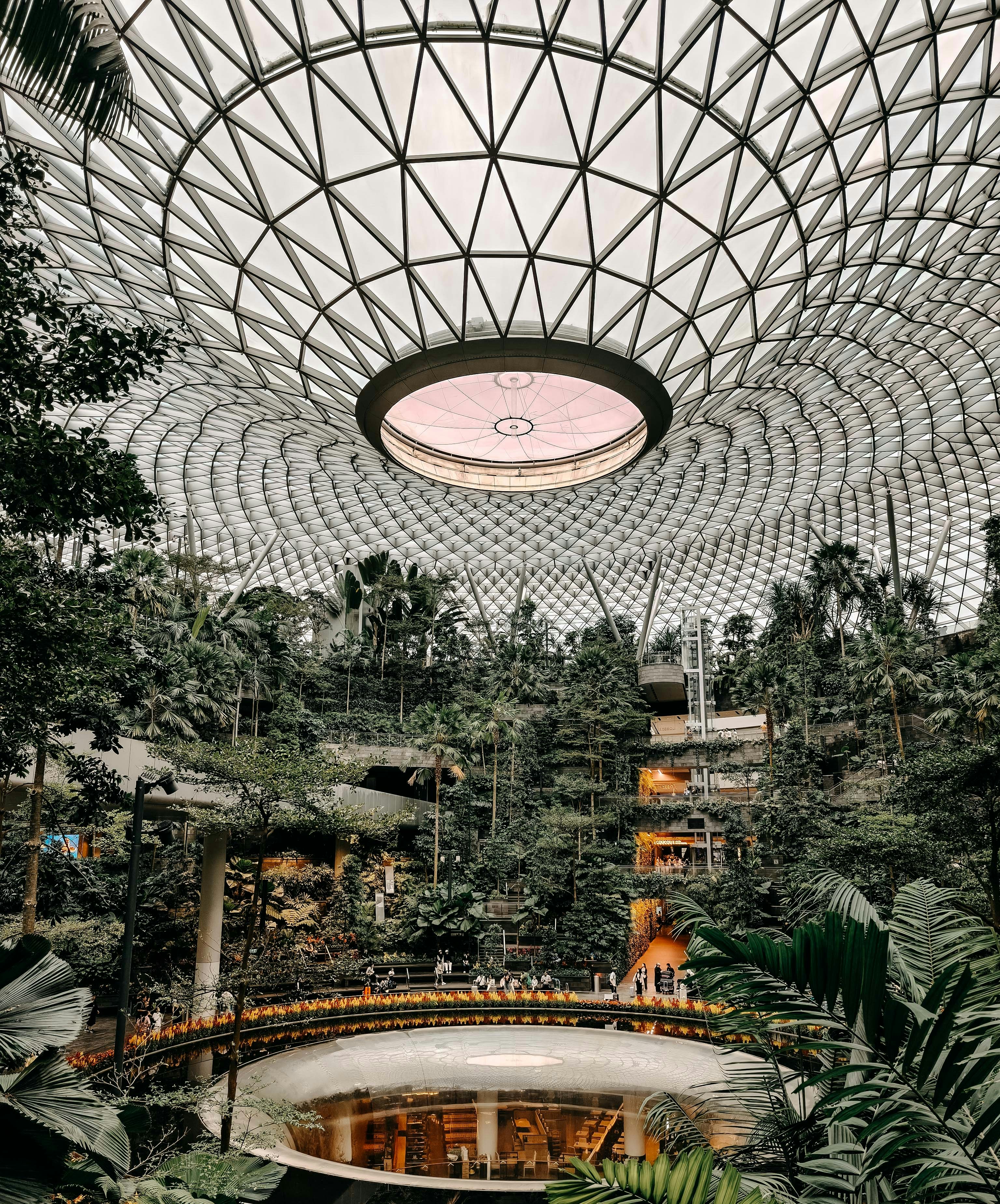 Glass Dome Oasis: A Lush Atrium Beneath a Geometric Skydome