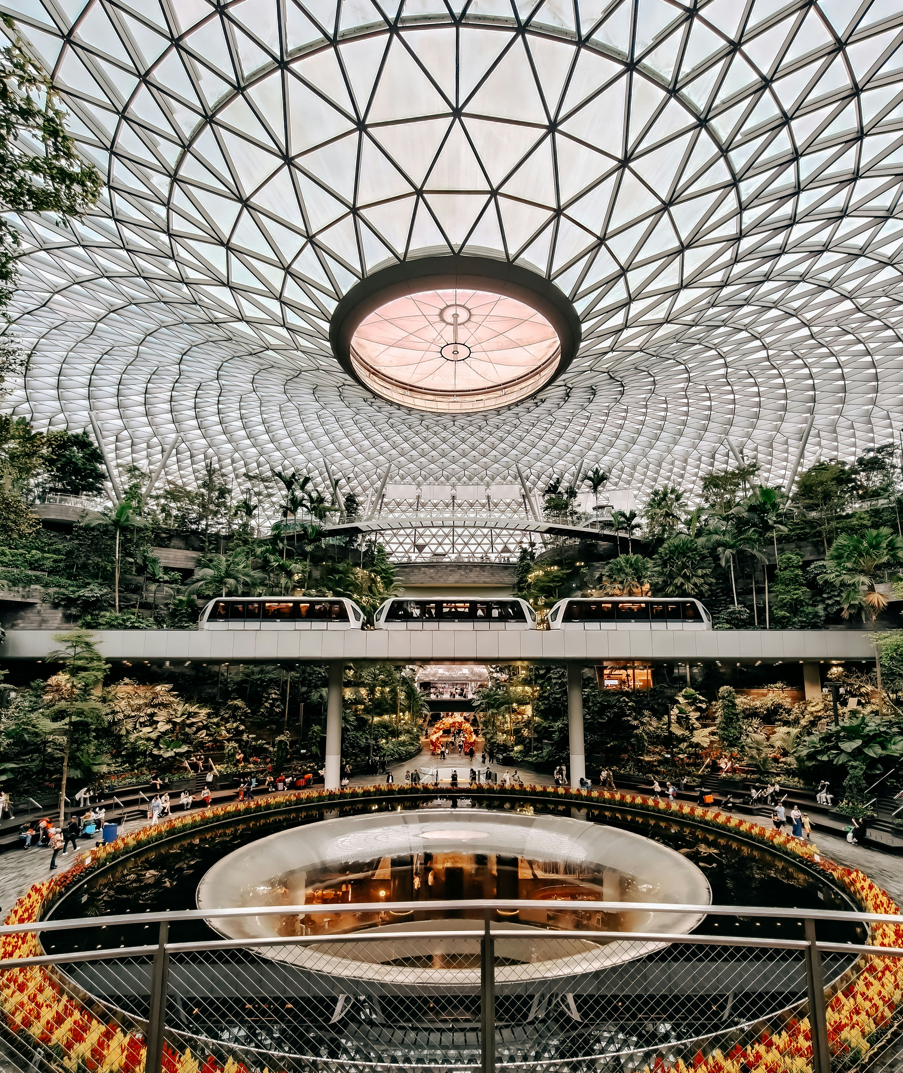Geometric Glass Dome Over Verdant Atrium