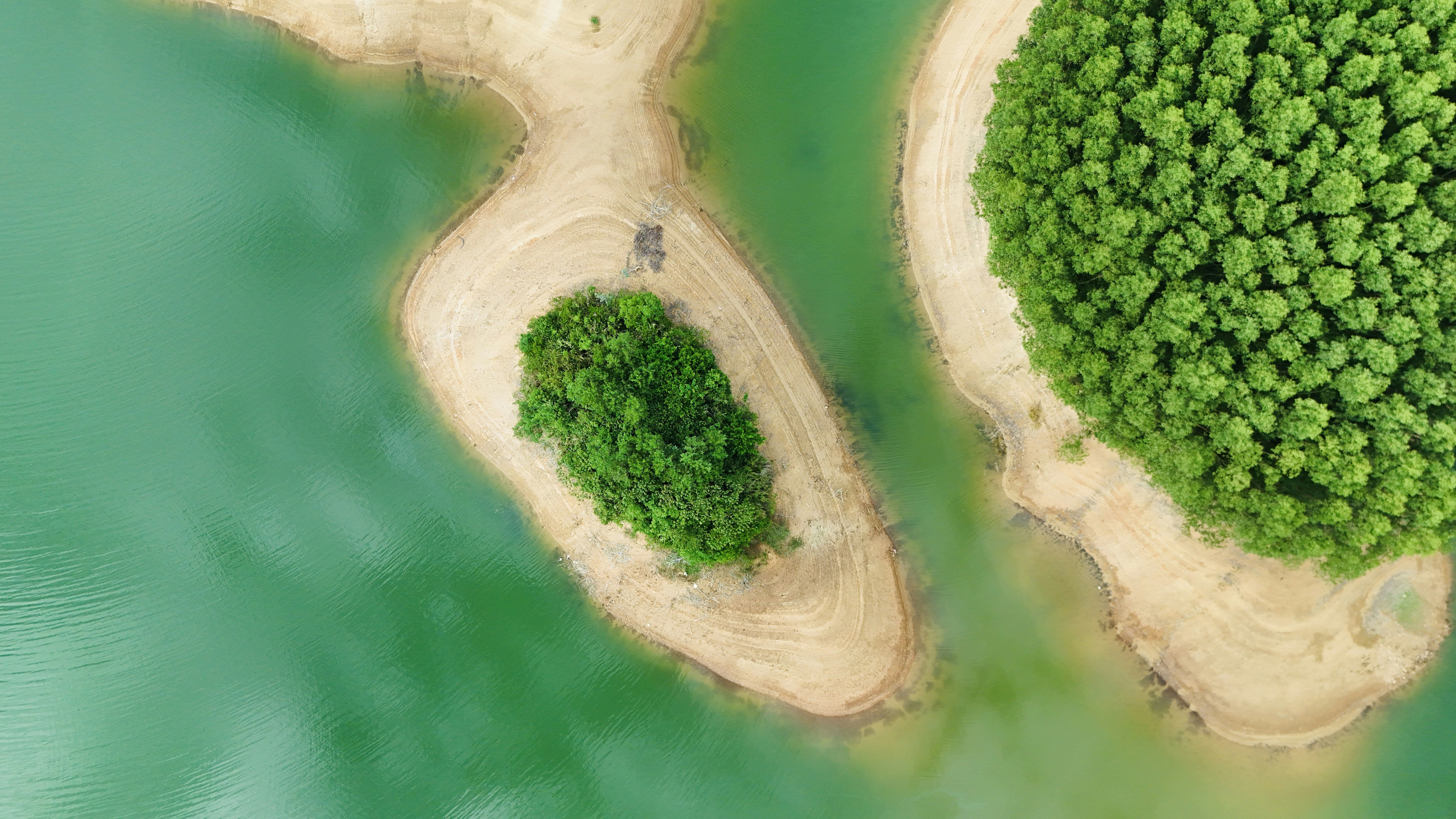 Aerial view of small green island clusters set within a winding, sandy shore and turquoise lagoon. The scene emphasizes natural contrast between lush vegetation and carved shoreline.