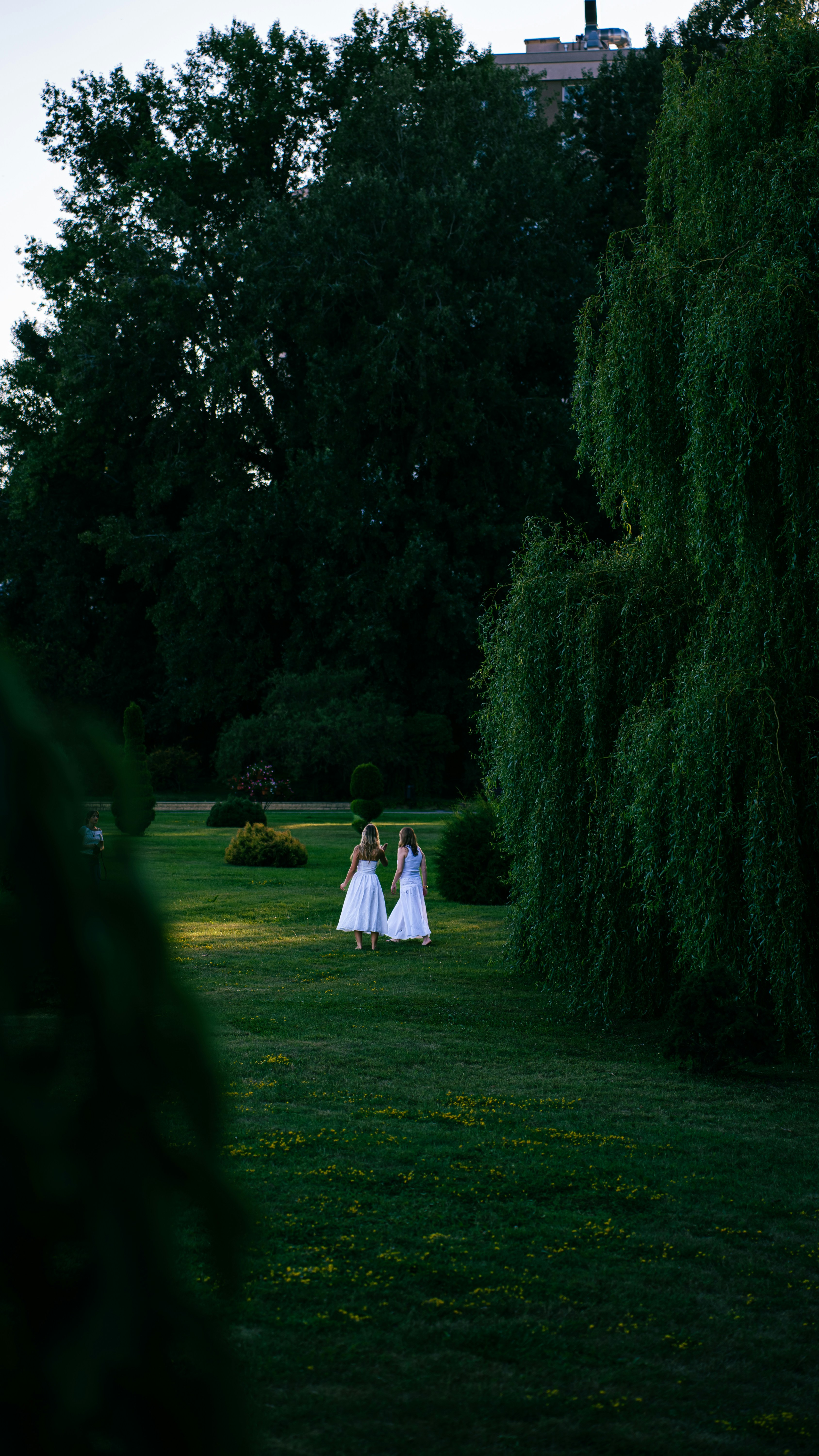 Toward the Garden Assembly: Two Dancers in White Amid Tall Greenery
