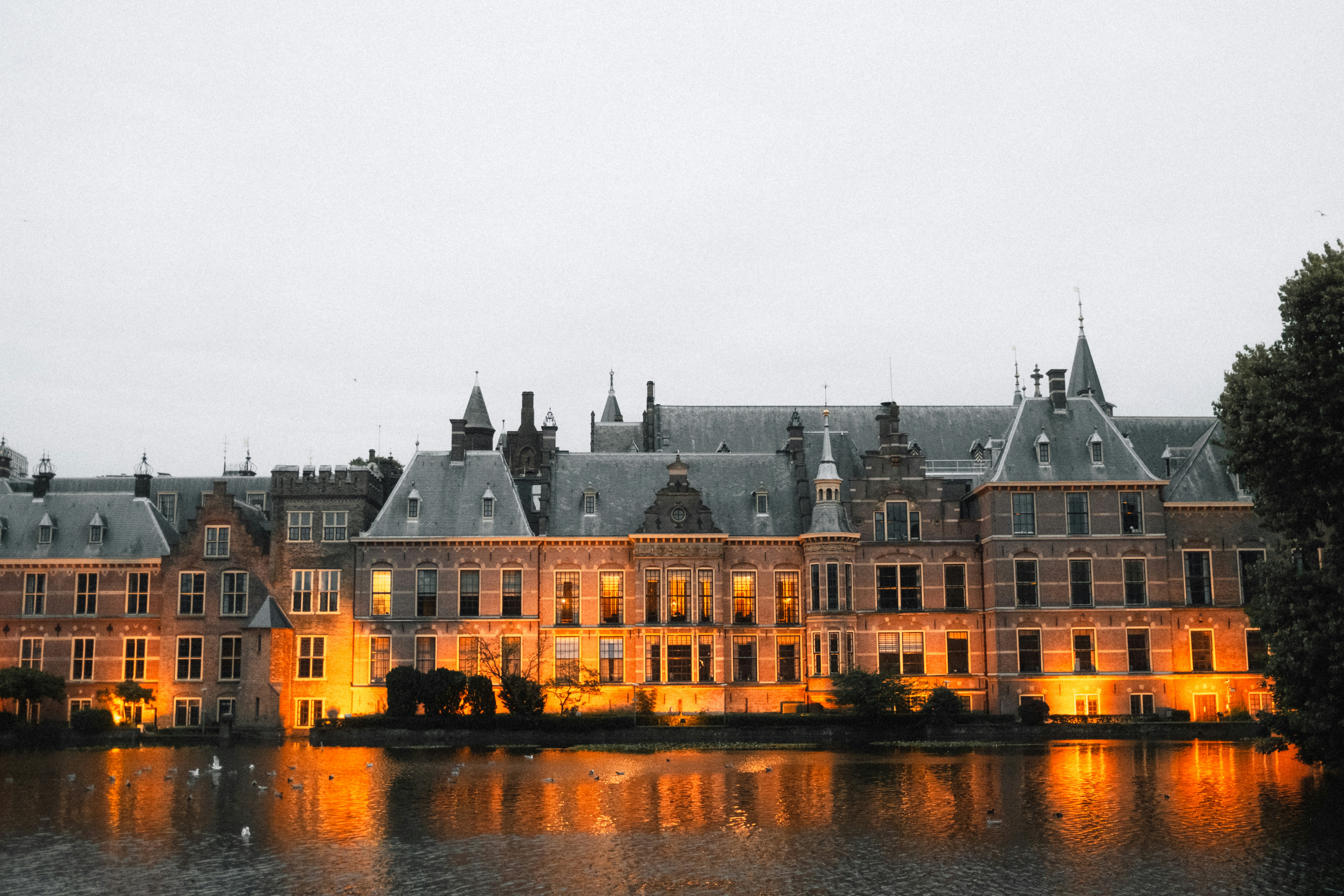 Luminous Cityline: Evening Glow Reflected on Historic Facades