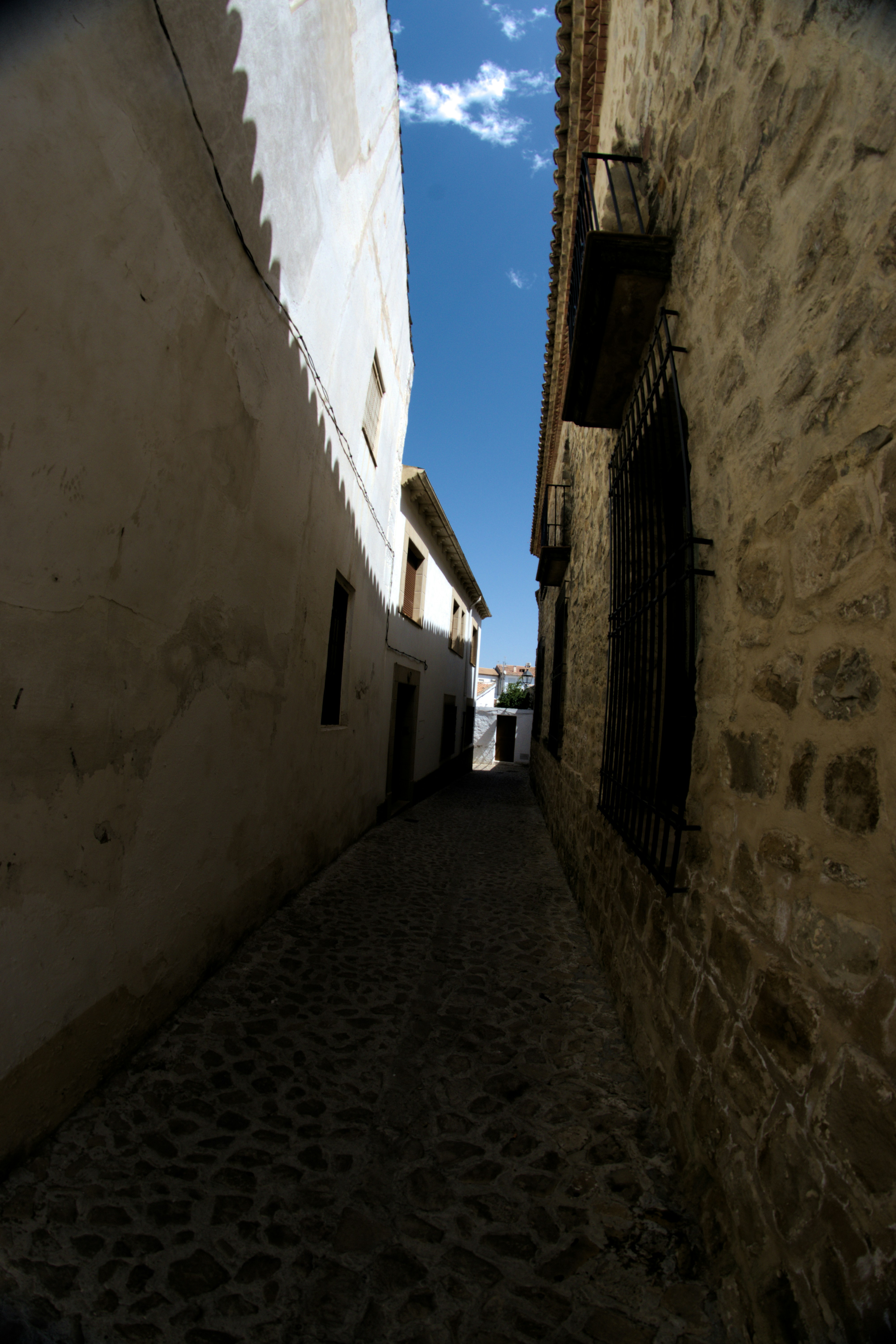 Cobbled Alleyway Between Sunlit Walls