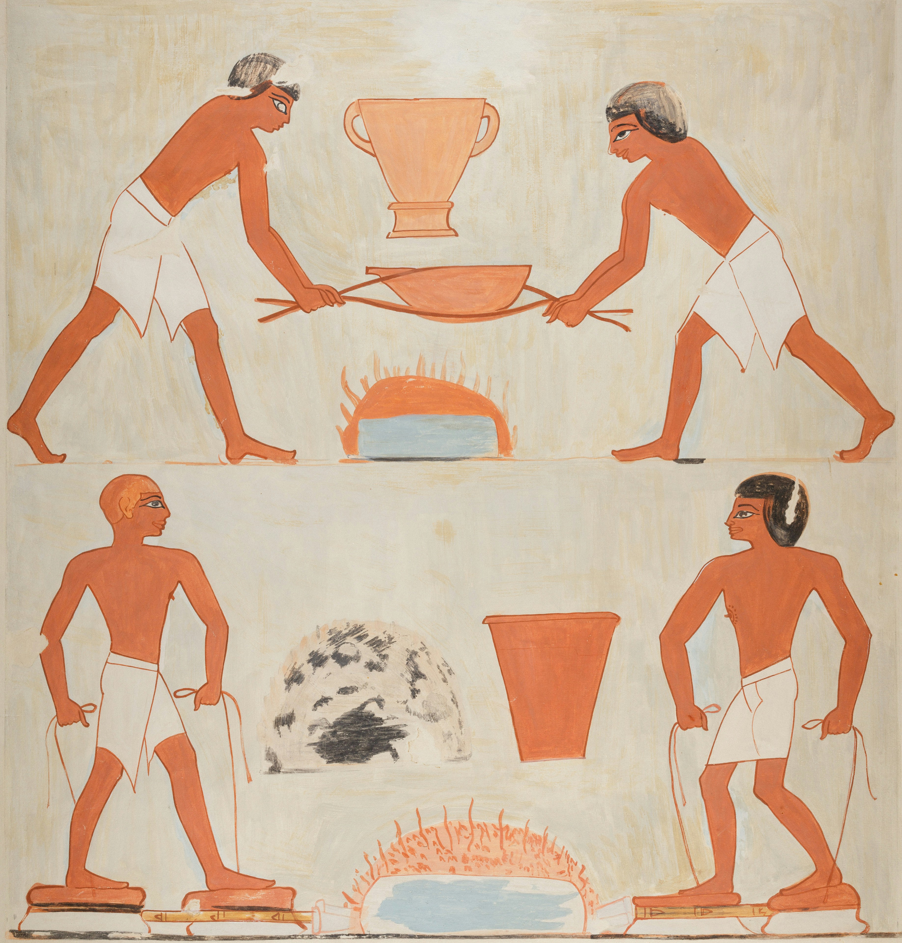 Title: Brickmakers, Tomb of Rekhmire,Artist: Nina de Garis Davies (1881–1965),Period: New Kingdom,Dynasty: Dynasty 18,Reign: reign of Thutmose III–early Amenhotep II,Date: ca. 1479–1425 B.C.,Geography: Original from Egypt, Upper Egypt, Thebes, Sheikh Abd el-Qurna, Tomb of Rekhmire (TT 100),Medium: Tempera on Paper,Dimensions: facsimile: h. 48 cm (18 7/8 in); w. 68.5 cm (26 15/16 in), scale 1:1, framed: h. 51,4 cm (20 1/4 in); w. 72.4 cm (28 1/2 in),Credit Line: Rogers Fund, 1930,Object Number: 30.4.77,Curatorial Department: Egyptian Art. http://www.metmuseum.org/art/collection/search/544645