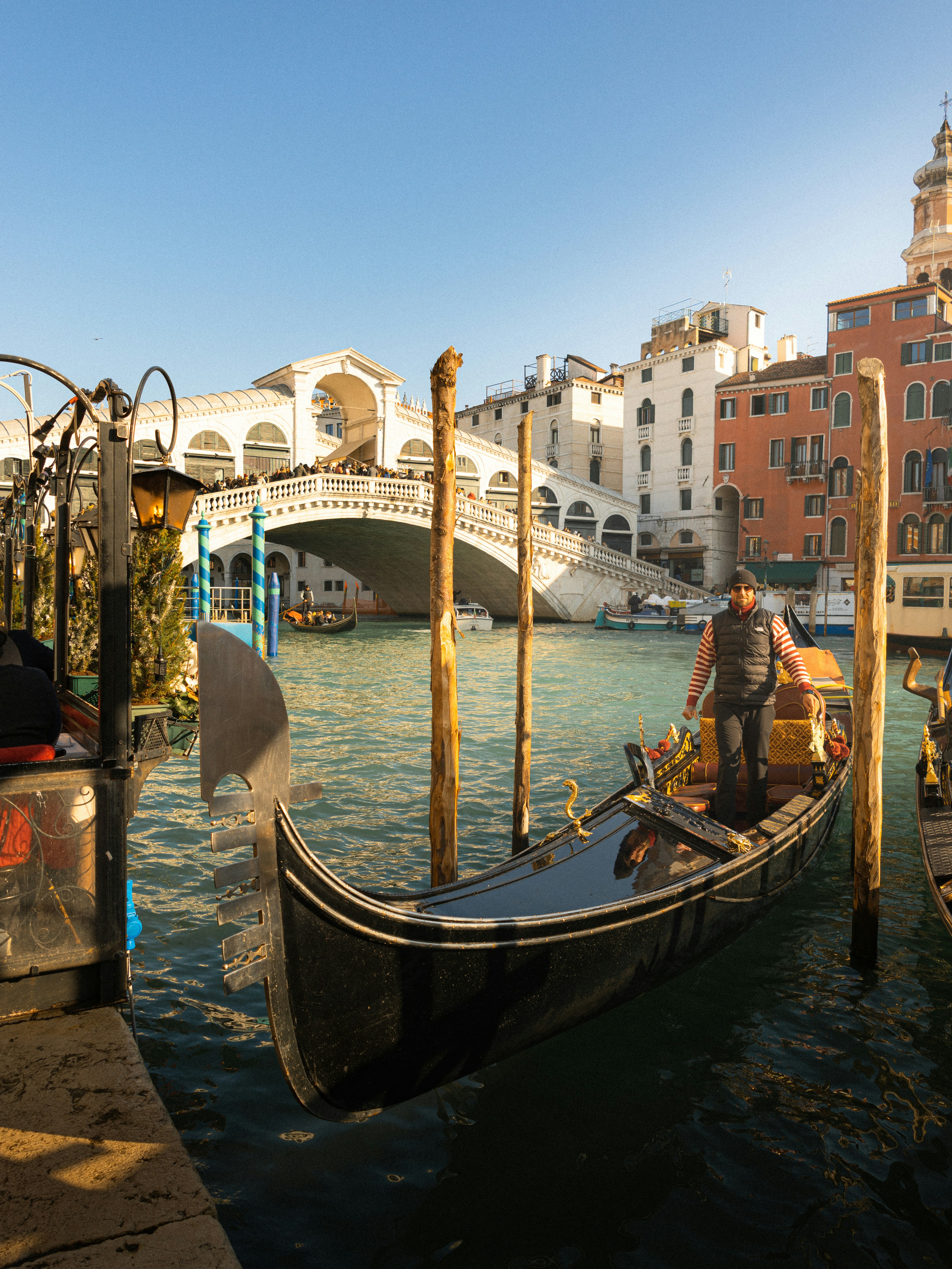 Gondola at the Crossing: Stairs, Bridge, and Brownstone Glow