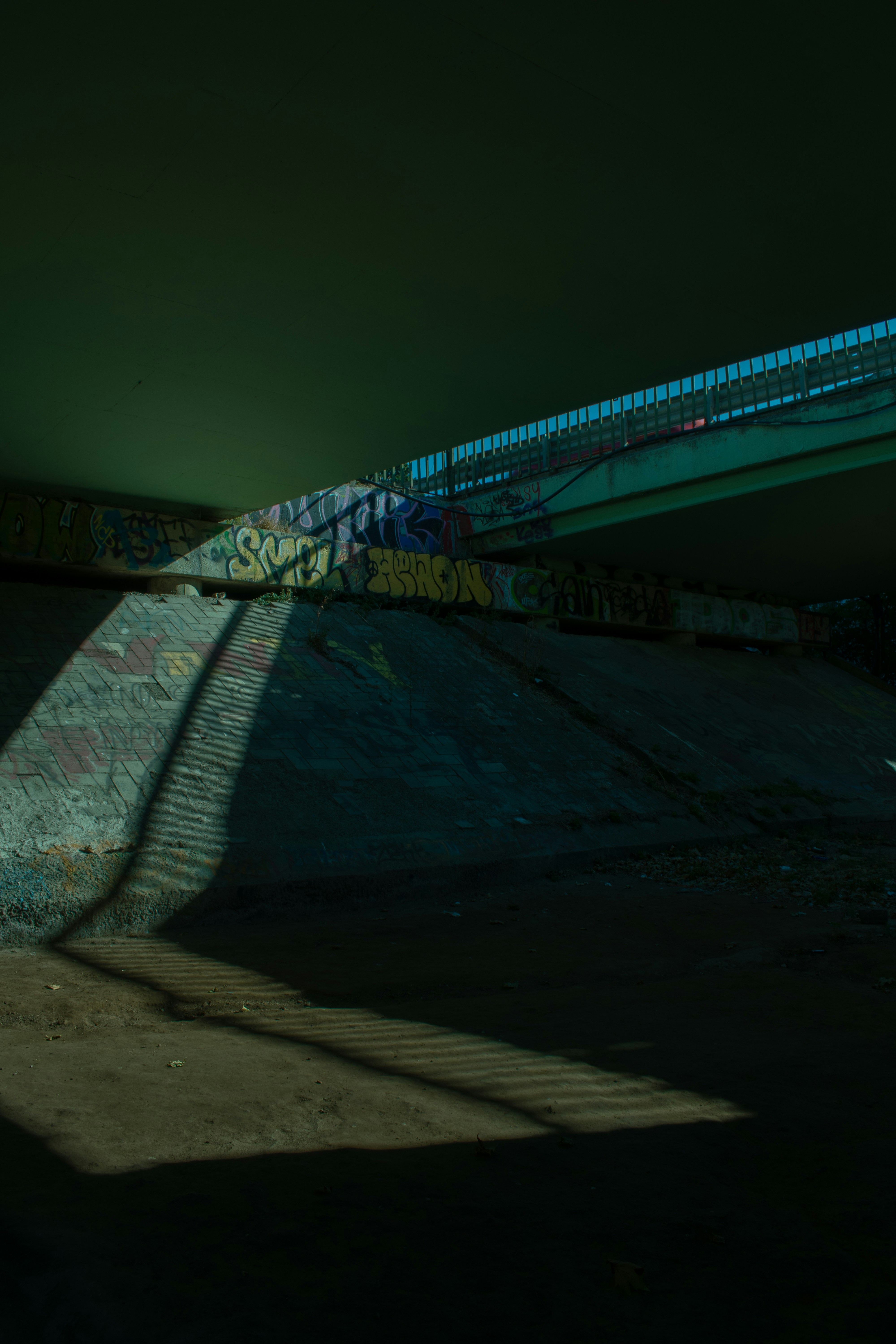 Shadowed underpass scene with graffiti-covered concrete slope and a sunlit railing above; the composition emphasizes stark contrast between dark foreground and bright upper edge.