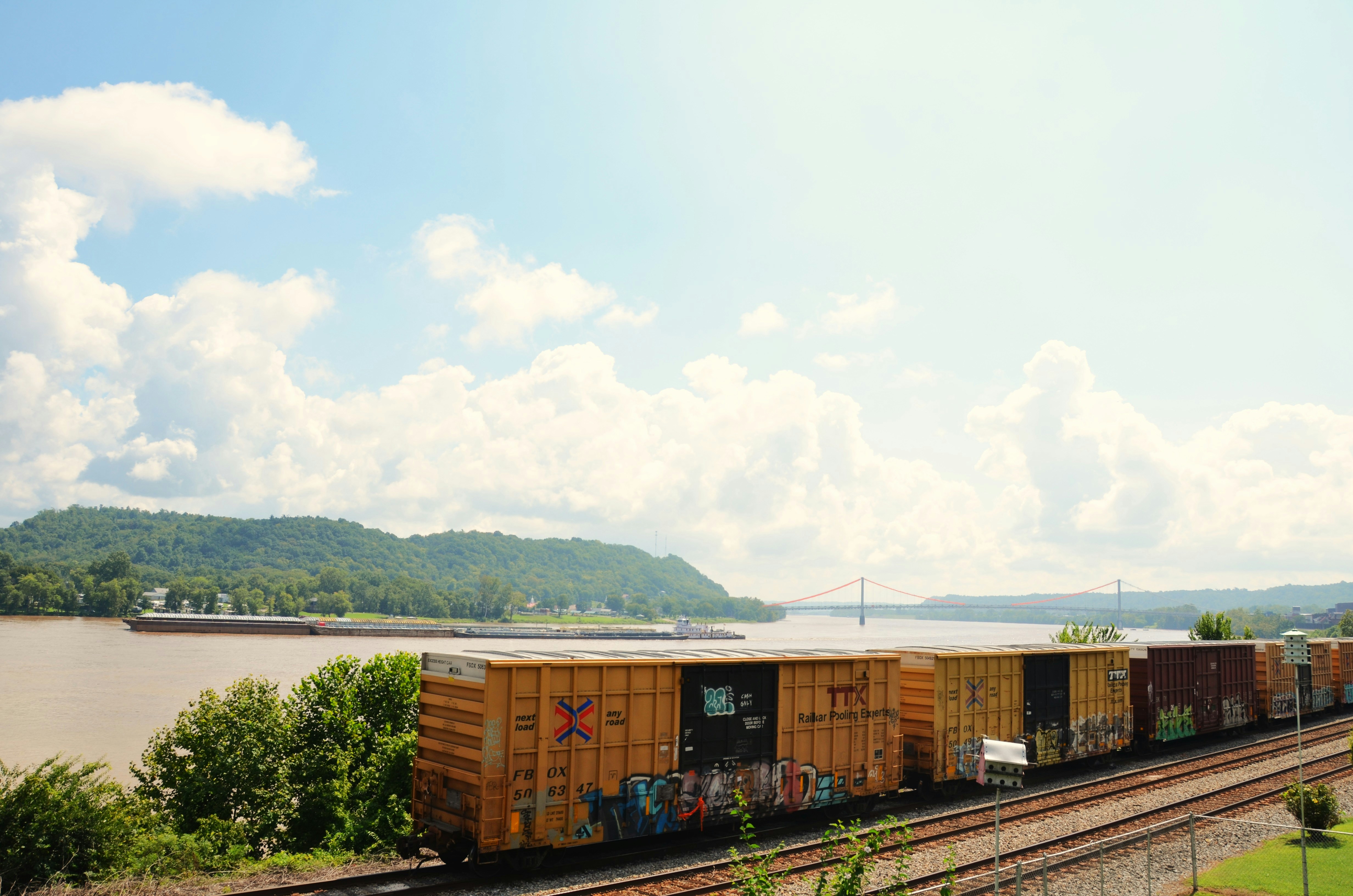 Rusted railcars by the river under a bright summer sky