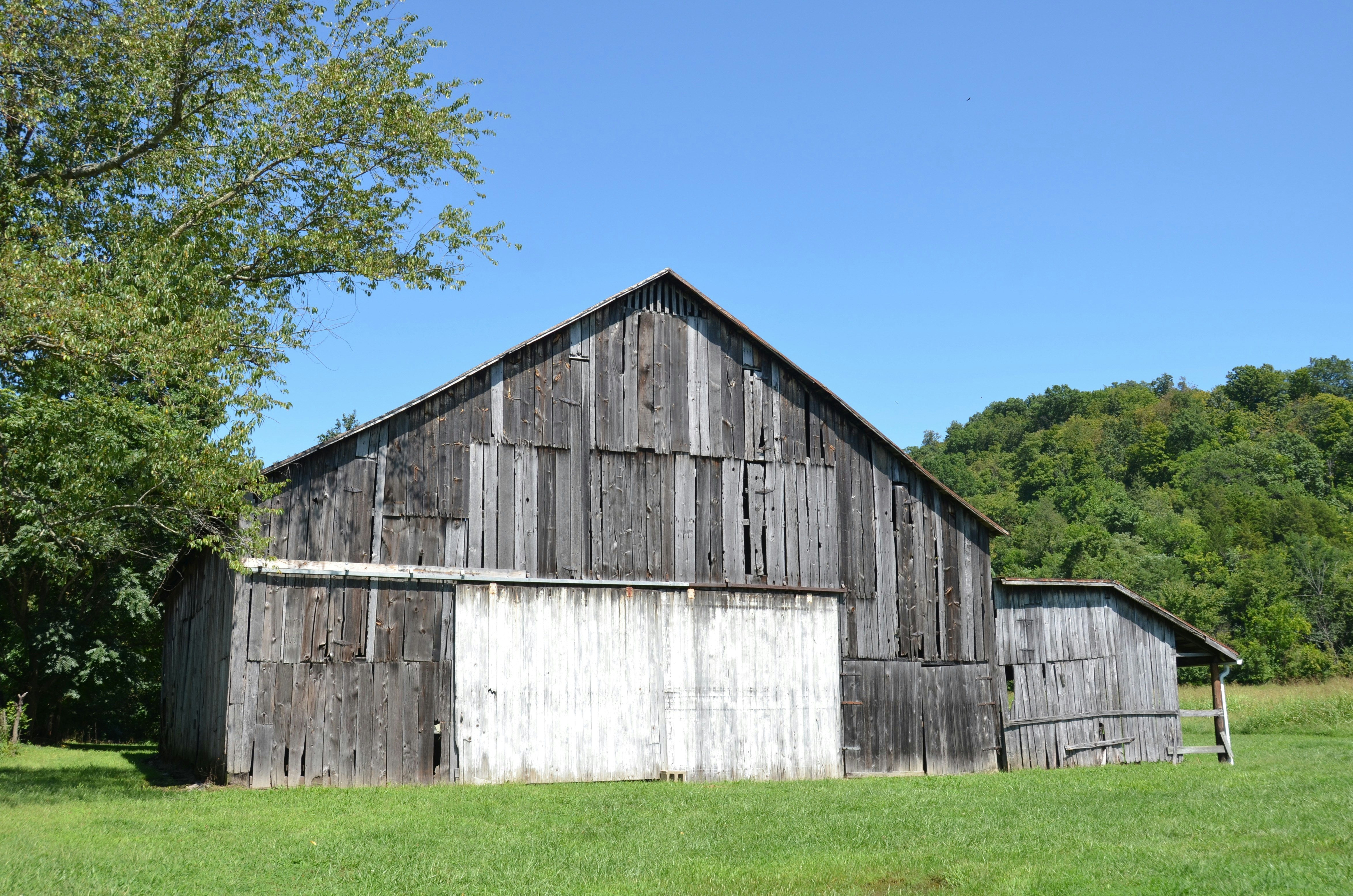 Weathered barn under a clear afternoon sky