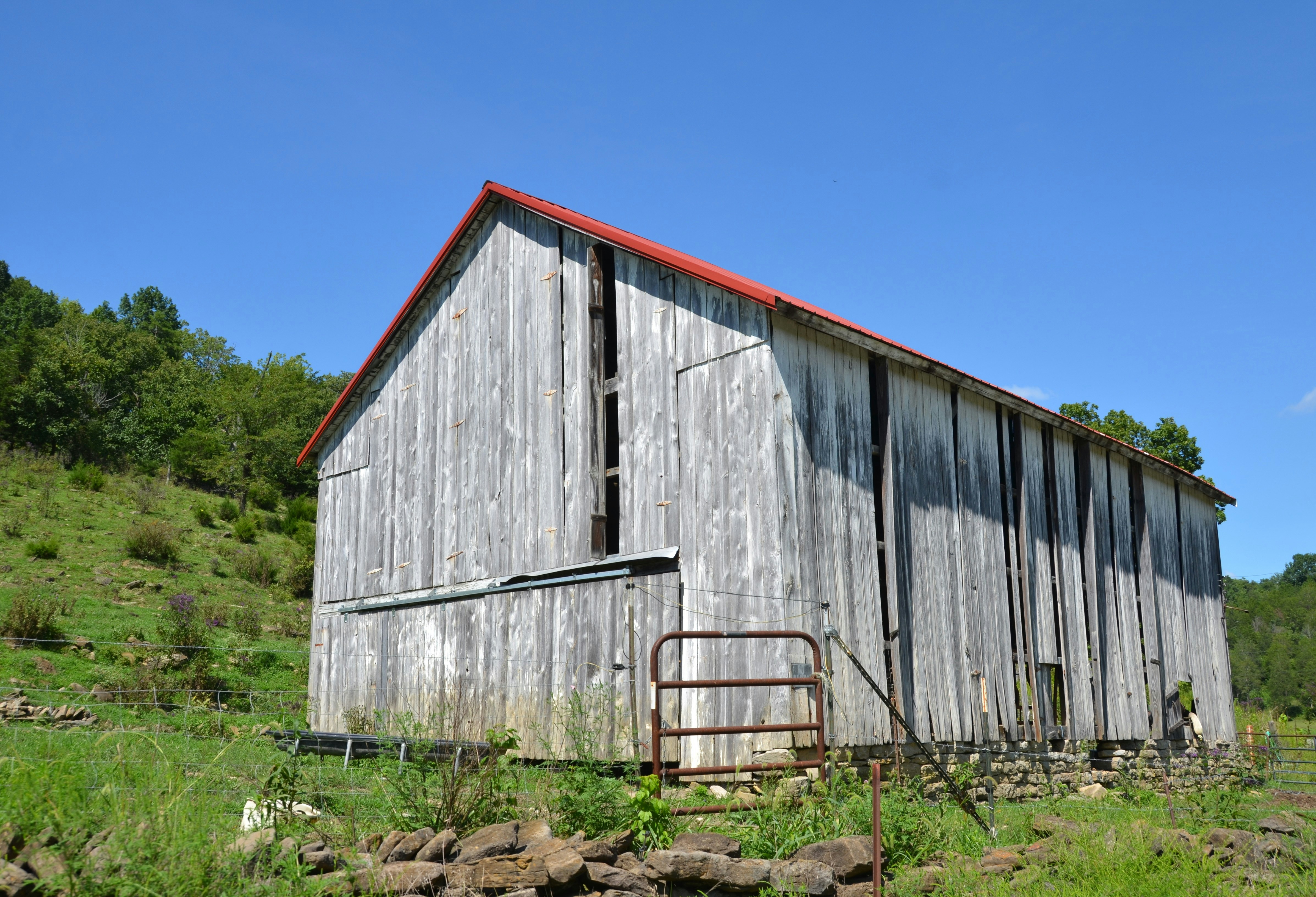 Weathered barn on rolling hillside under a bright blue sky