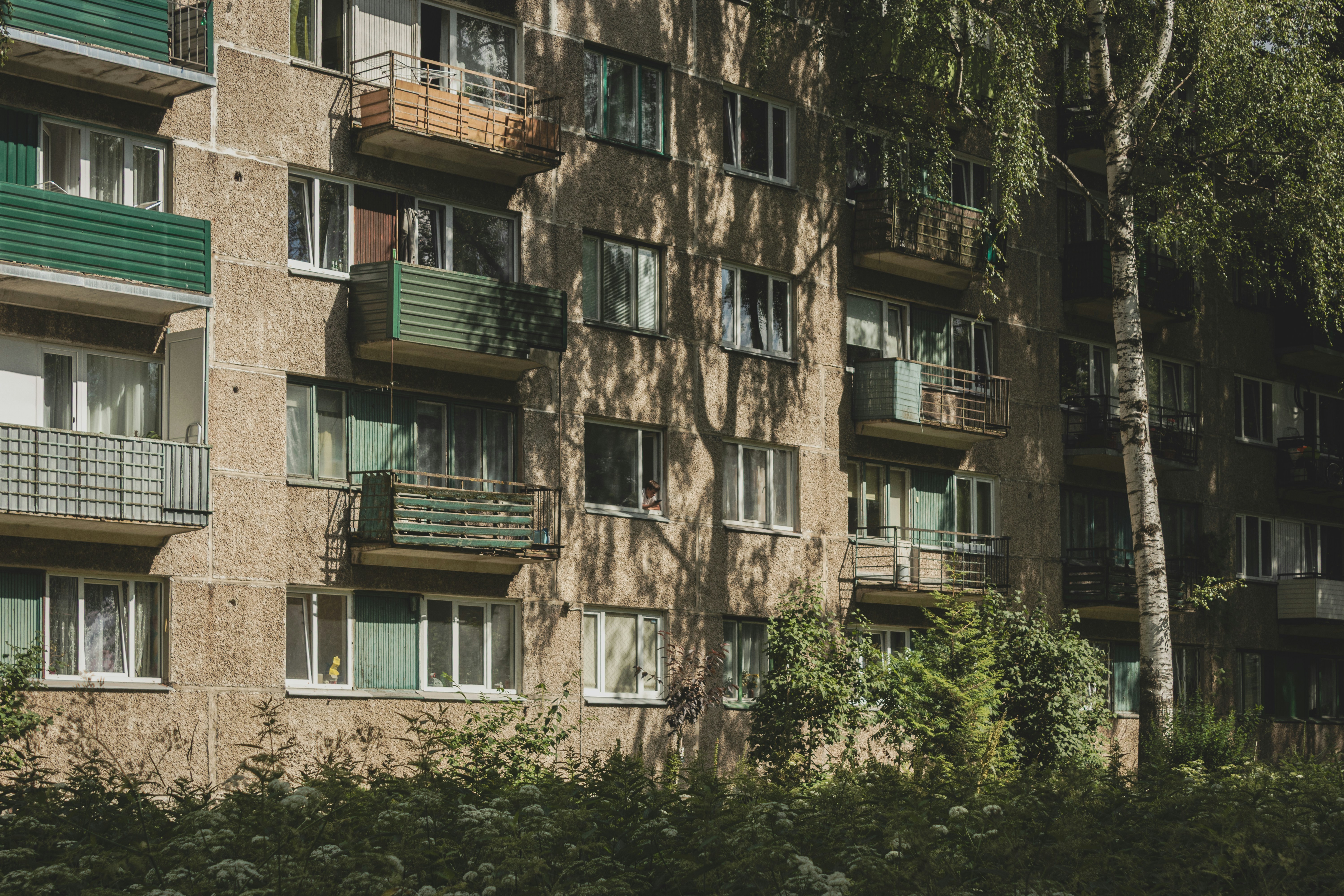 Sunlit Flats: Windows, Balconies, and Shadowed Trees