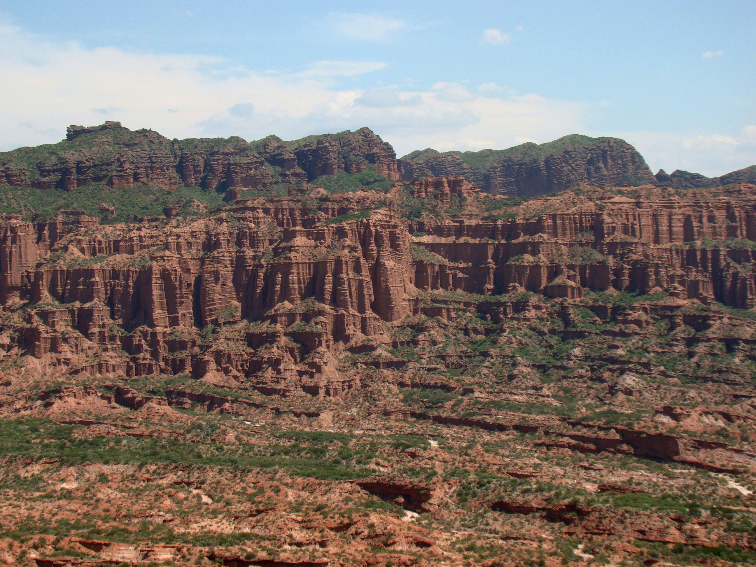 Desert canyon scene with layered red rock formations and sparse green vegetation under a blue sky. A broad, sweeping canyon landscape highlighting geological textures.