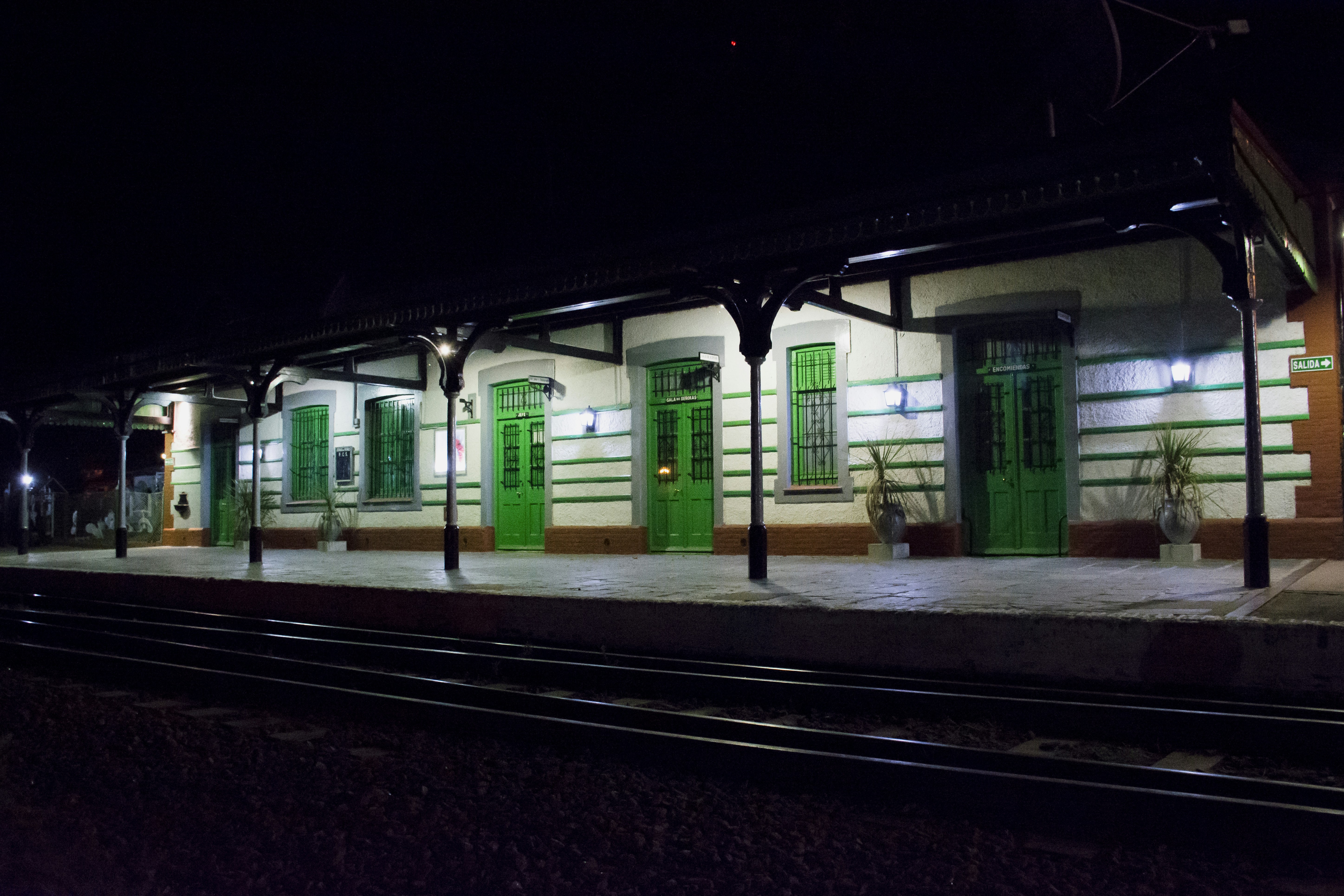 Green Doors at Night: An Empty Platform Under Dim Light