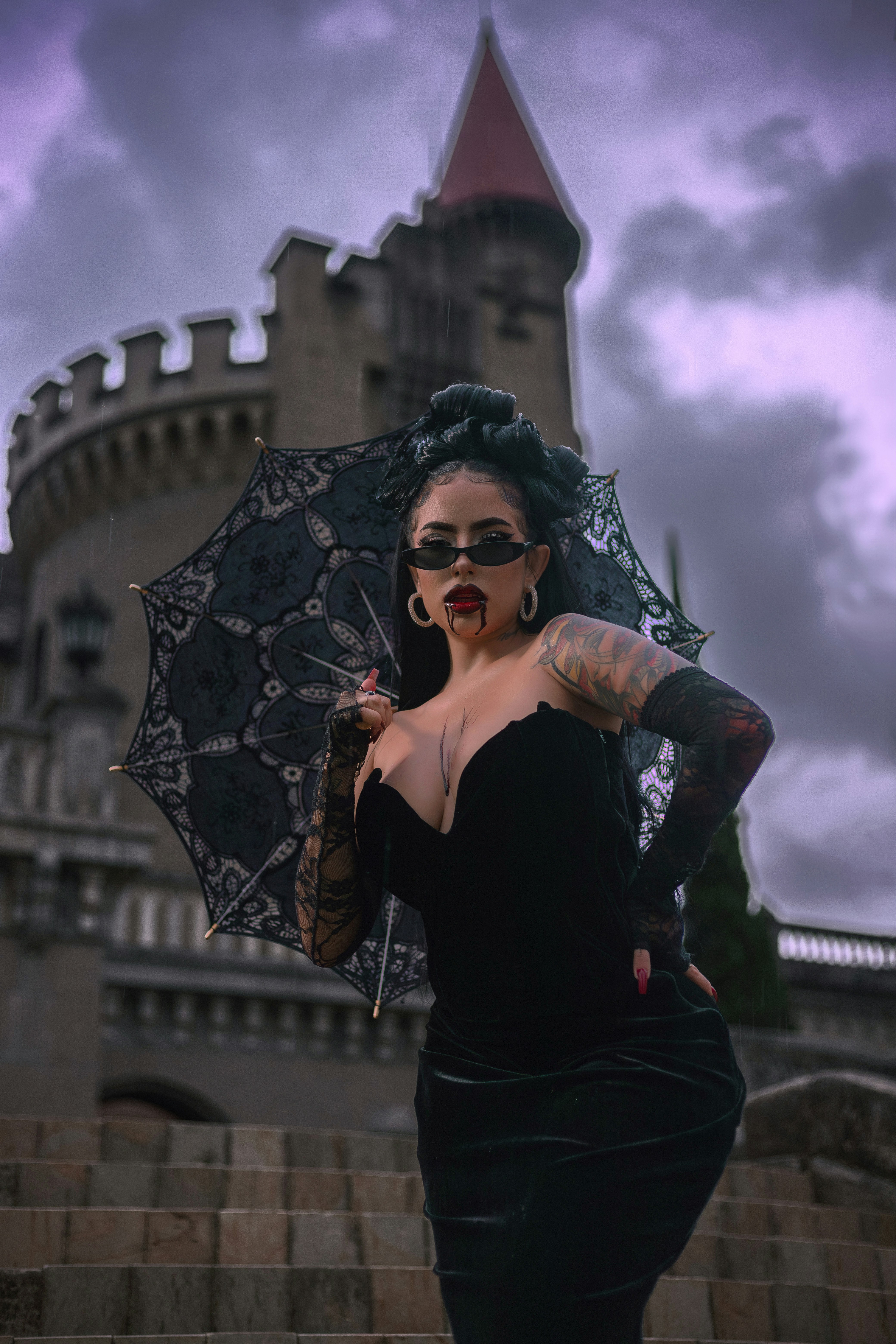 Midnight Velvet: Femme Fatale in Front of the Castle
