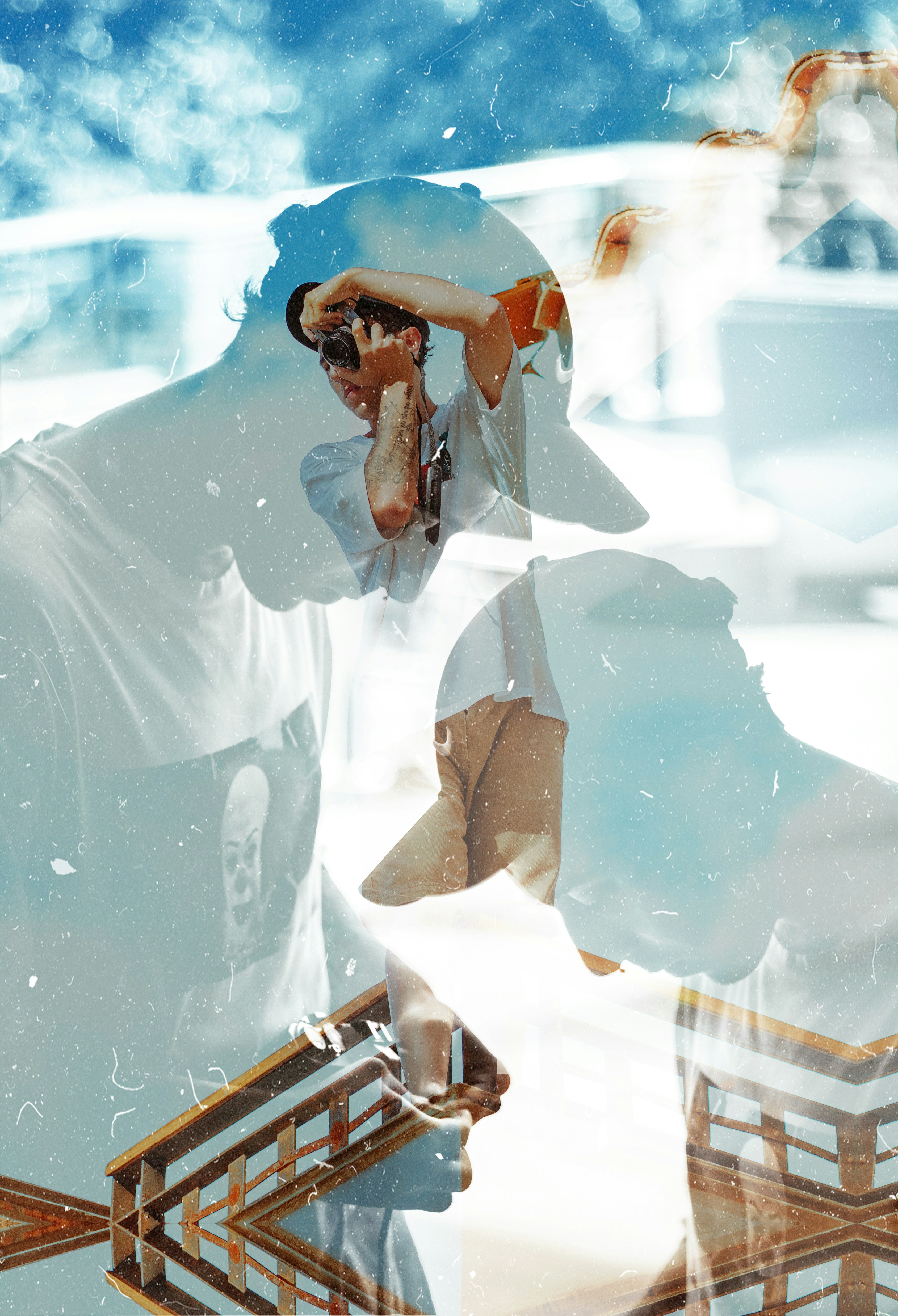 Double Exposure Dreams: A Photographer’s Shadow in a Glassy Moment