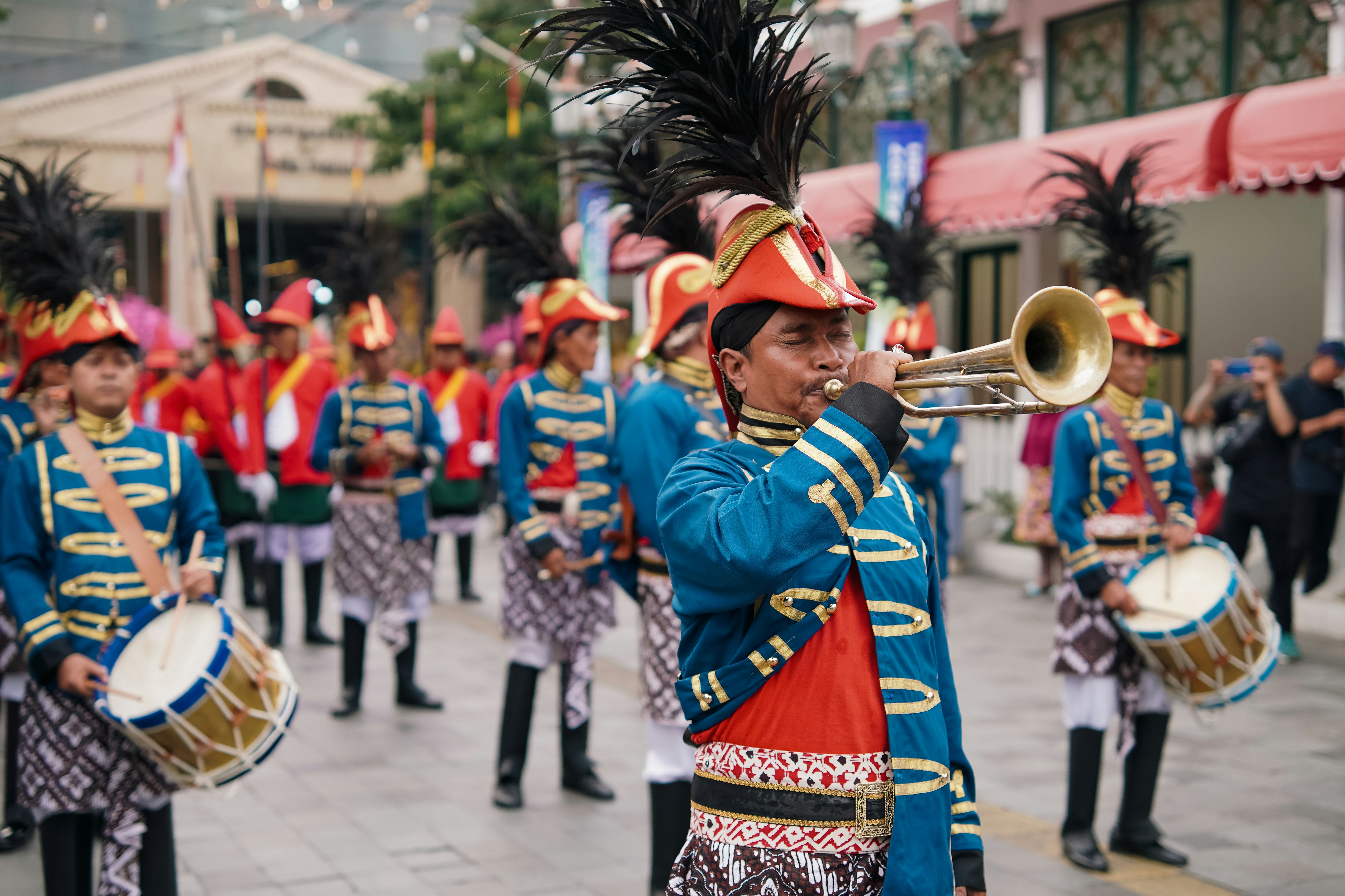 Marching Brass at the Plaza: A Colorful Parade in Motion