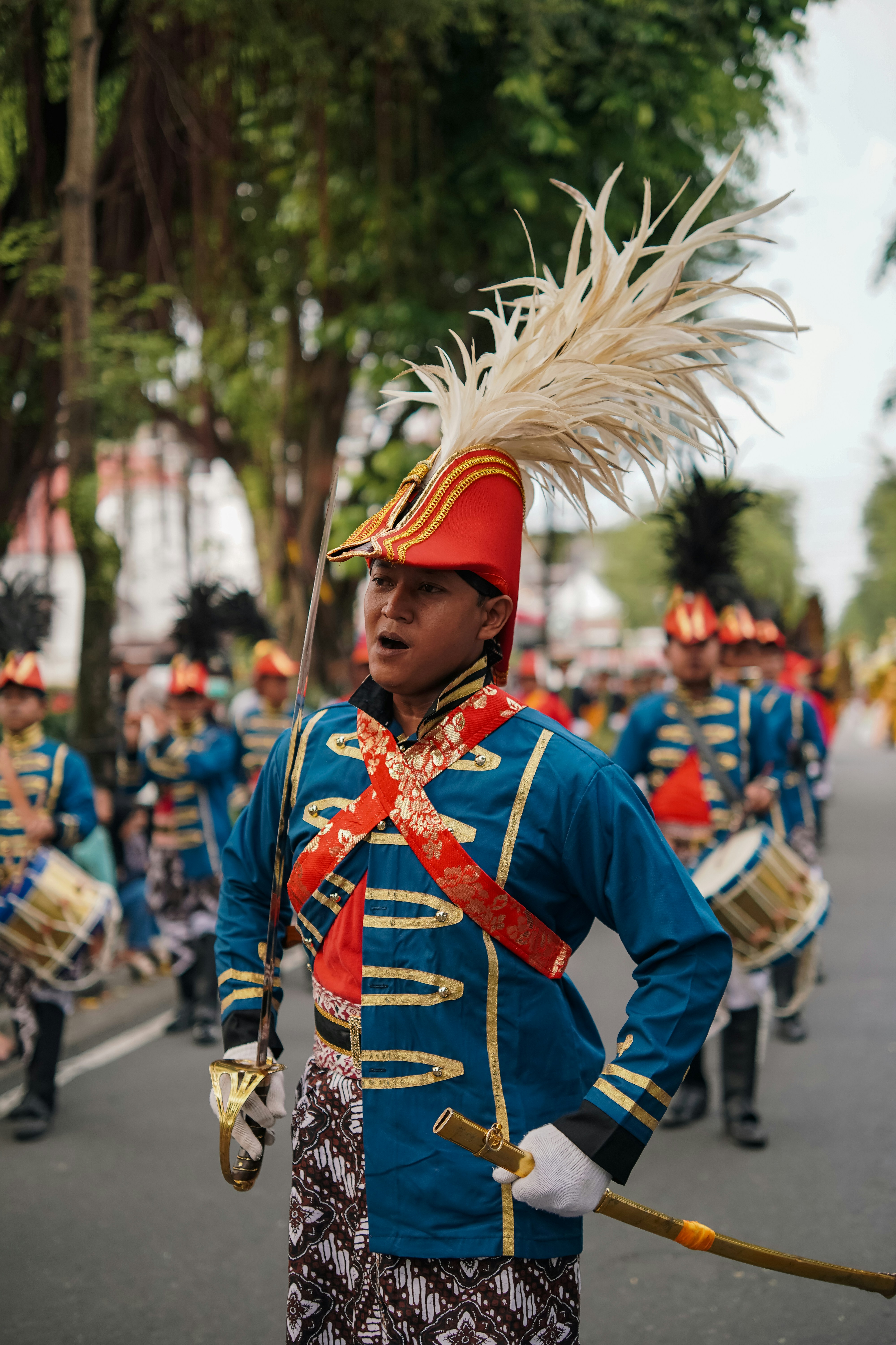 Blue Cavalier in Motion: Parade Dress Uniform and Feathered Headdress