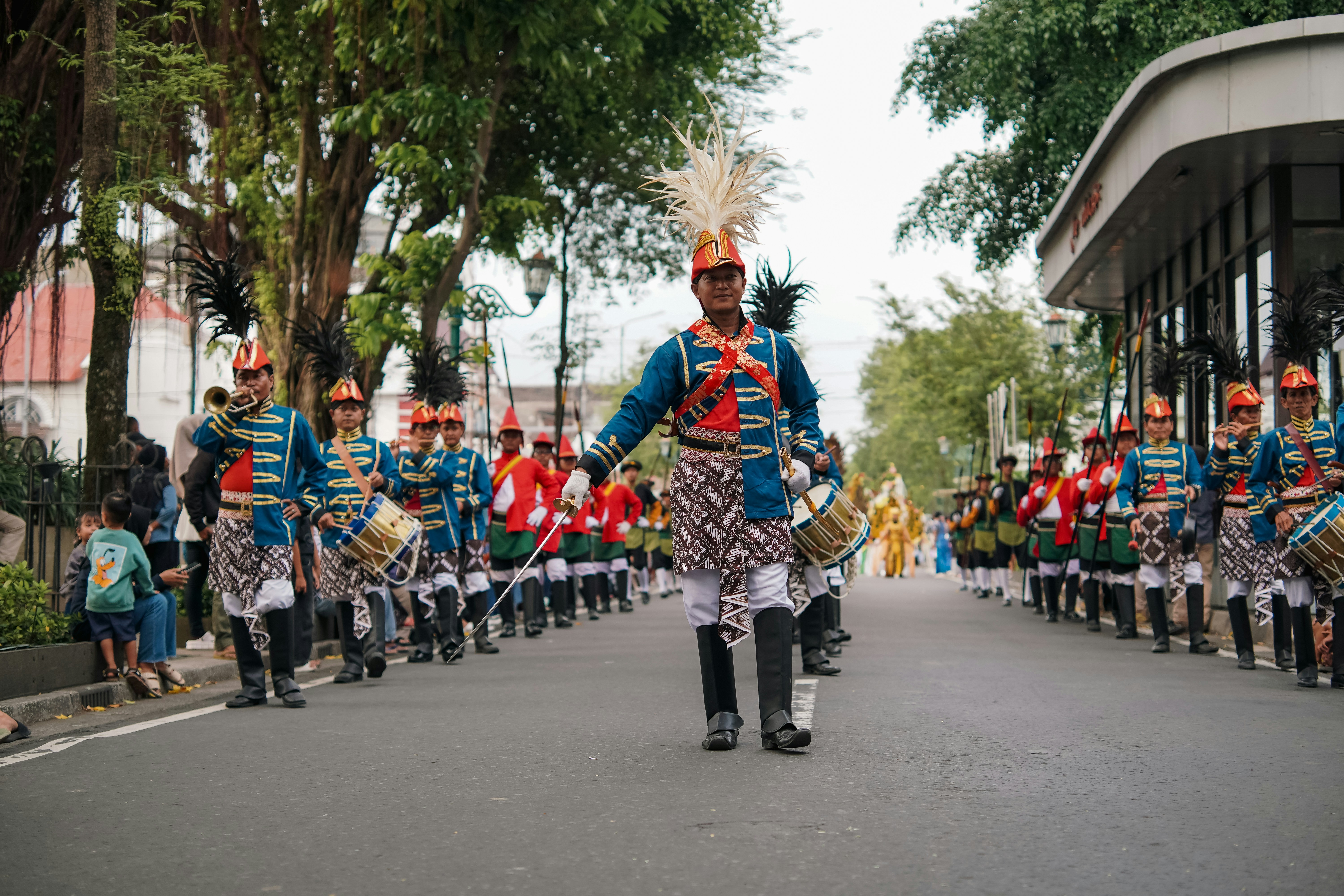 Drumline in Blue: Parade March Through a Sunshine Street