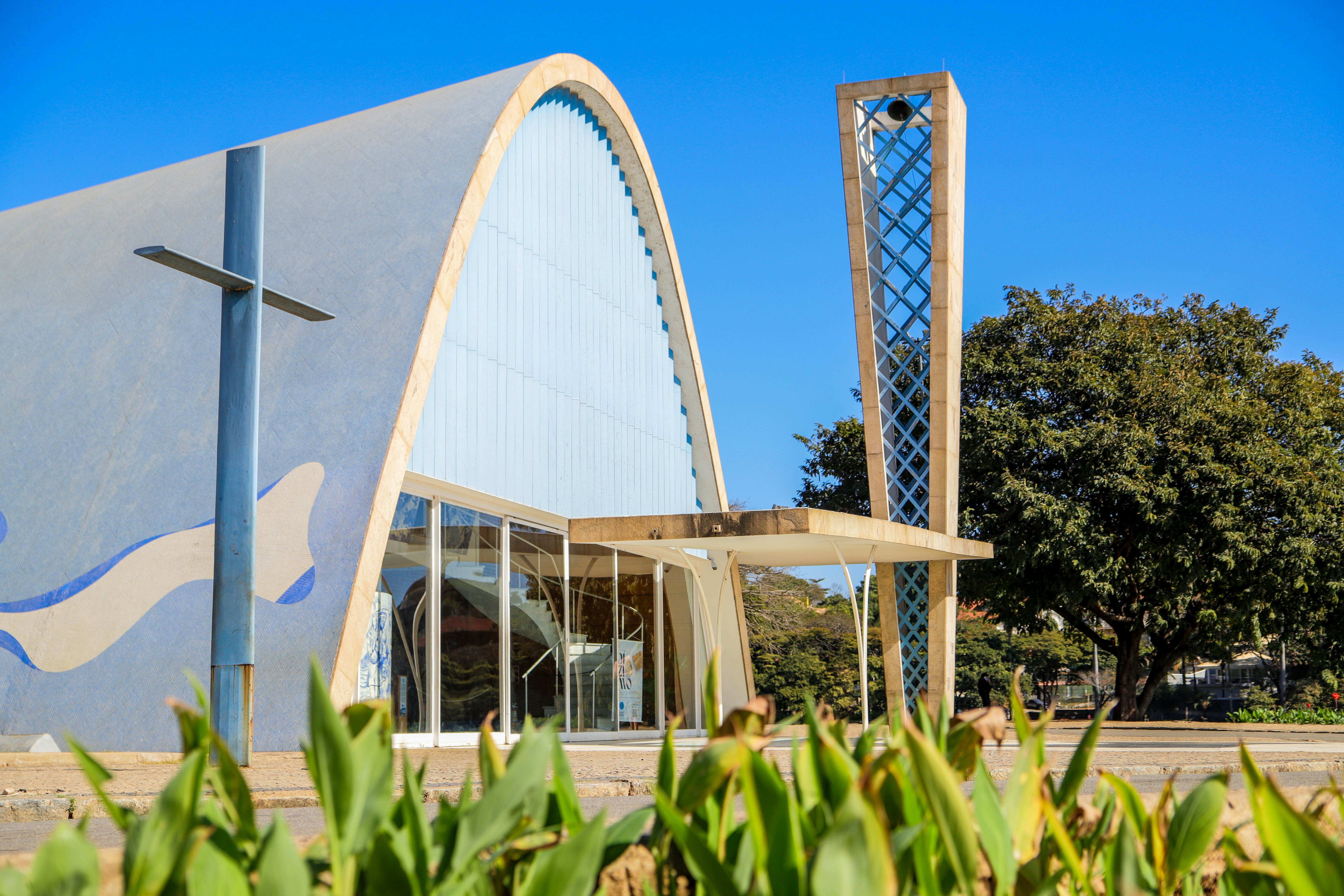 Arching Glass Cathedral: Modern Pavilion with Tower and Lush Foreground