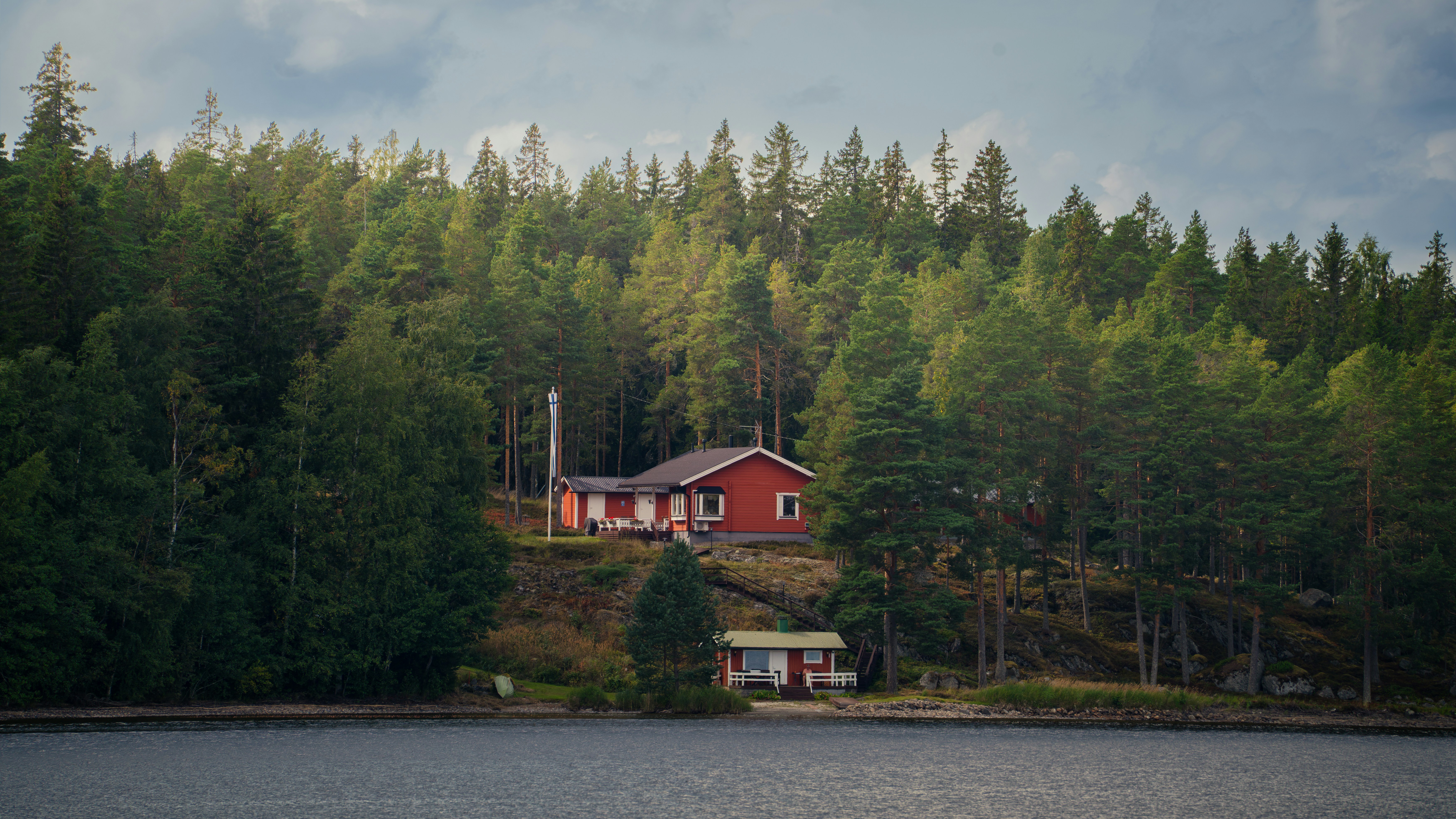 Red Cabin Sanctuary Amid Pine Reflections
