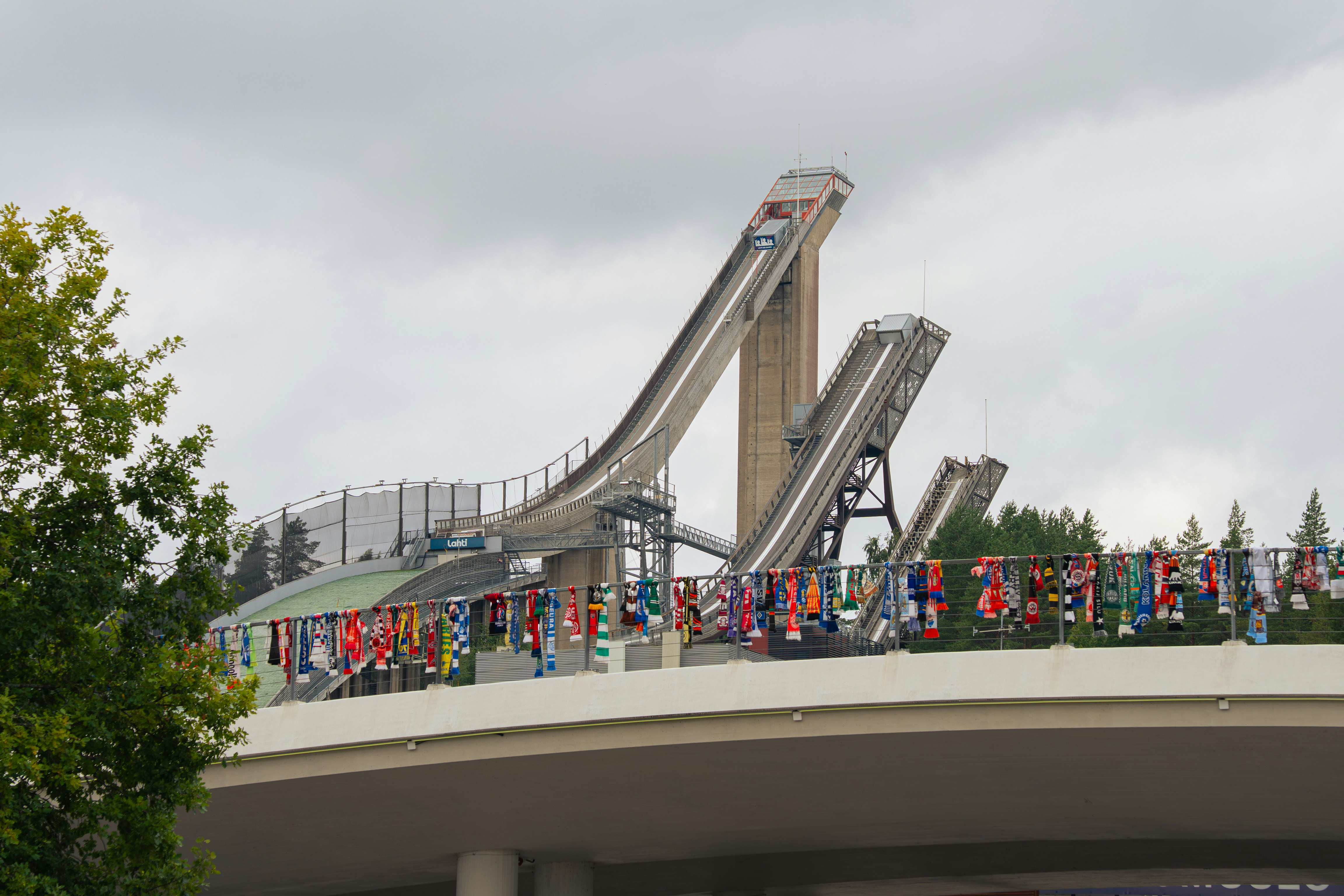 Colorful banners fluttering over a modern ramps and launch structure