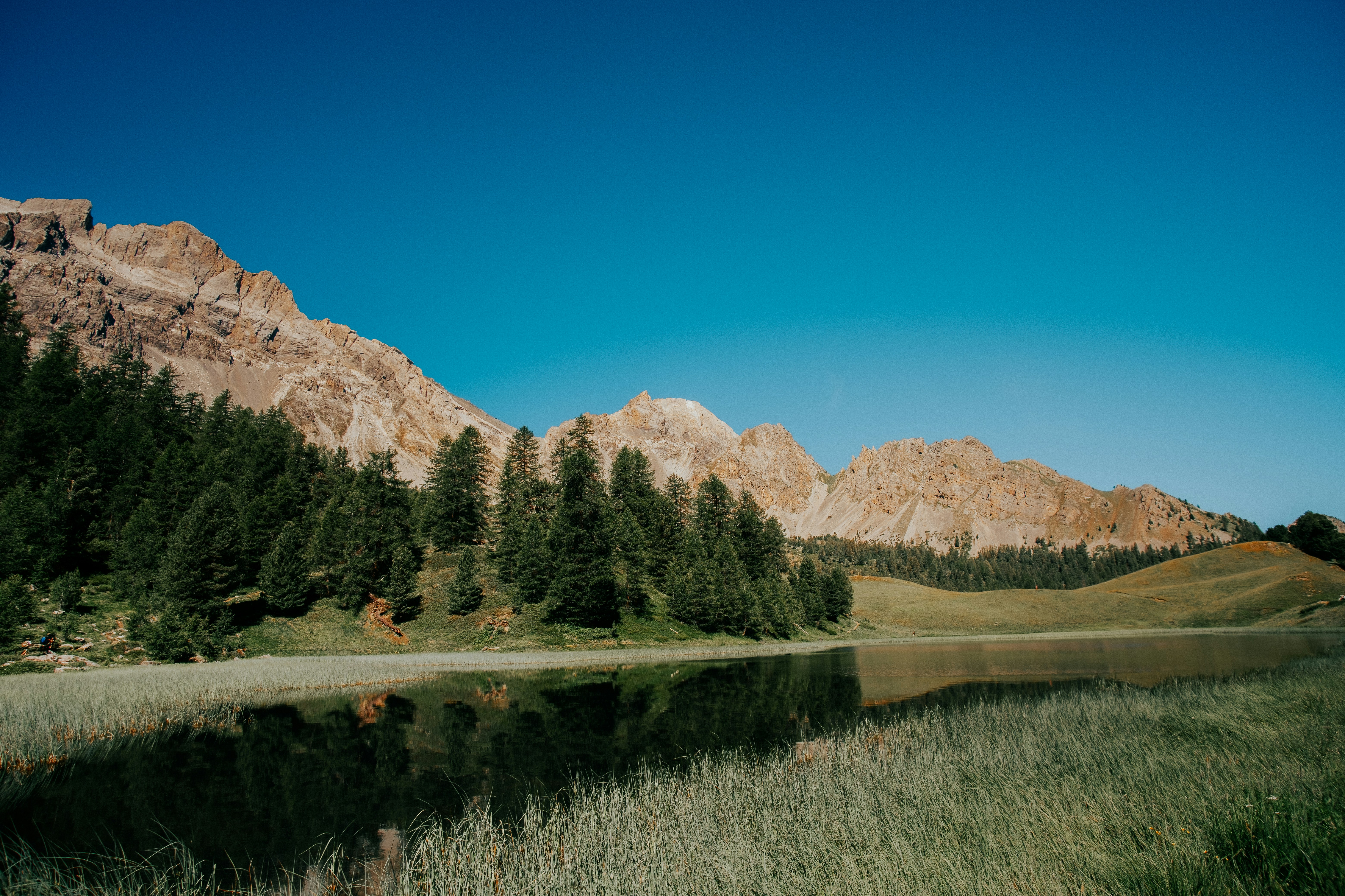 Quiet Alpine Panorama: Rugged Peaks, Mirror Lake, and a Meadow of Silver Grass