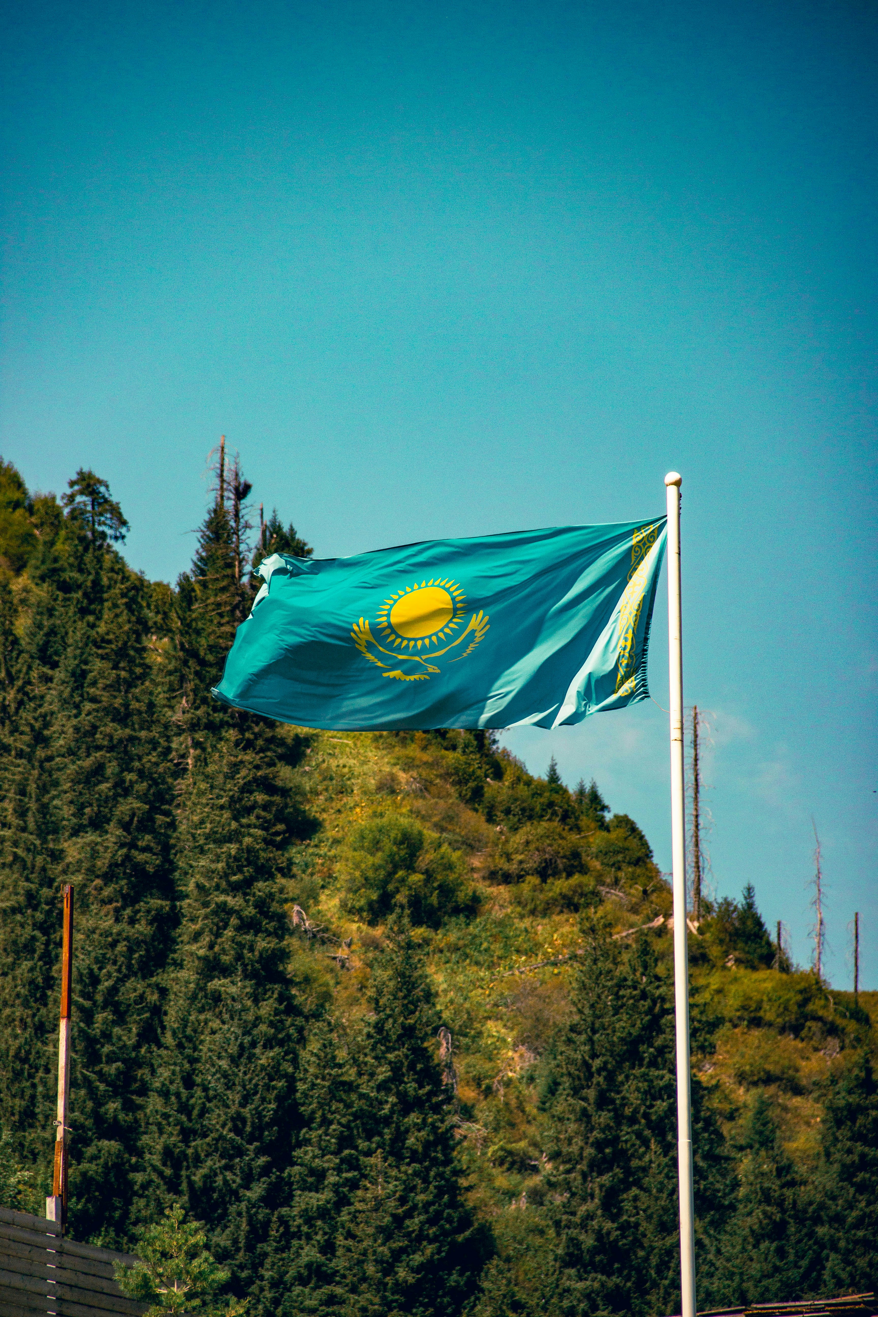 Flag of Kazakhstan Waving Against a Clear Blue Sky