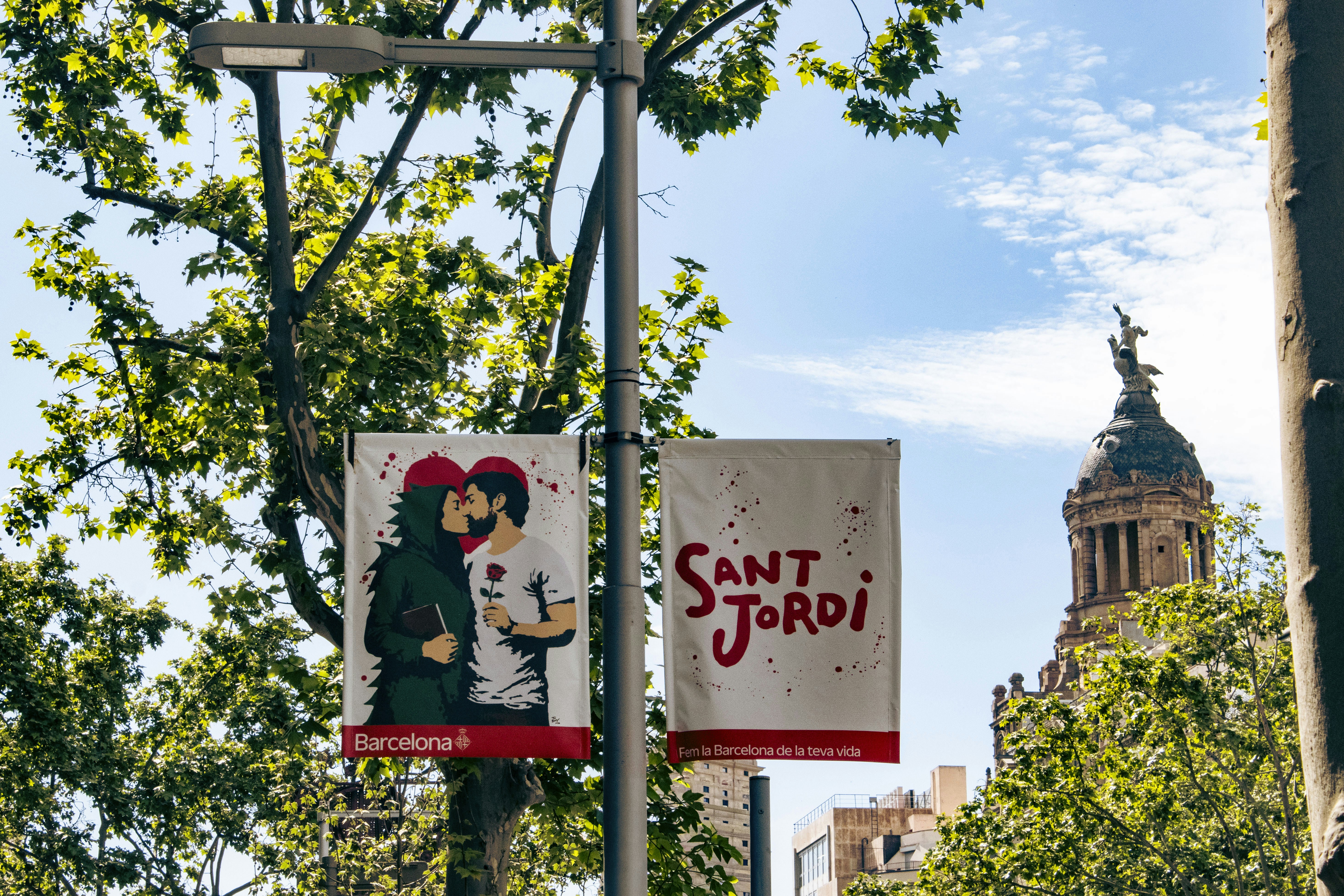 Two graphic banners hang from a lamppost amid leafy branches and a blue sky, with a historic dome in the background.