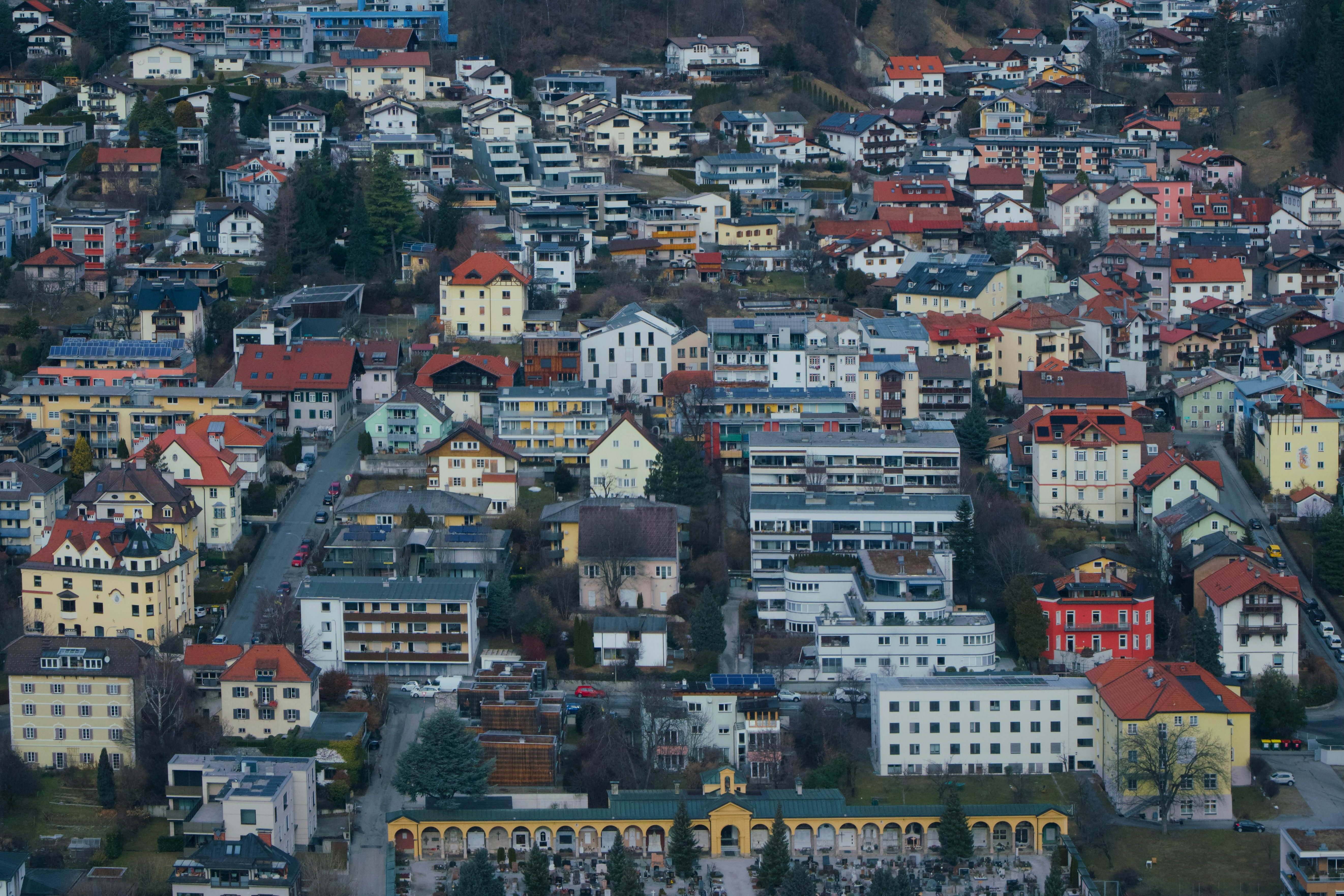 Colorful Alpine Terrace: A Bird’s-Eye of a Hillside Town