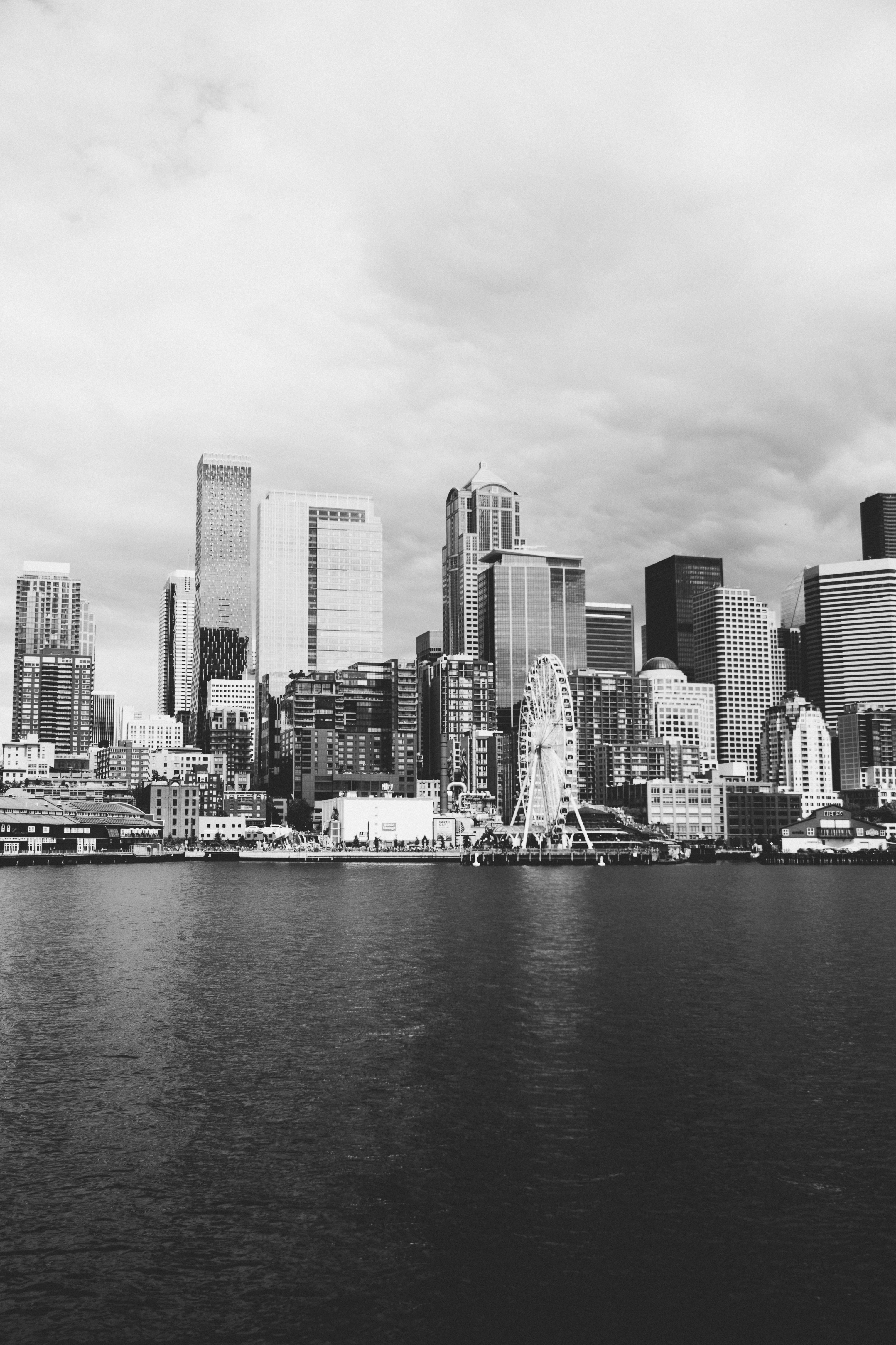 Urban Reverie: Waterfront Skyline in Mono