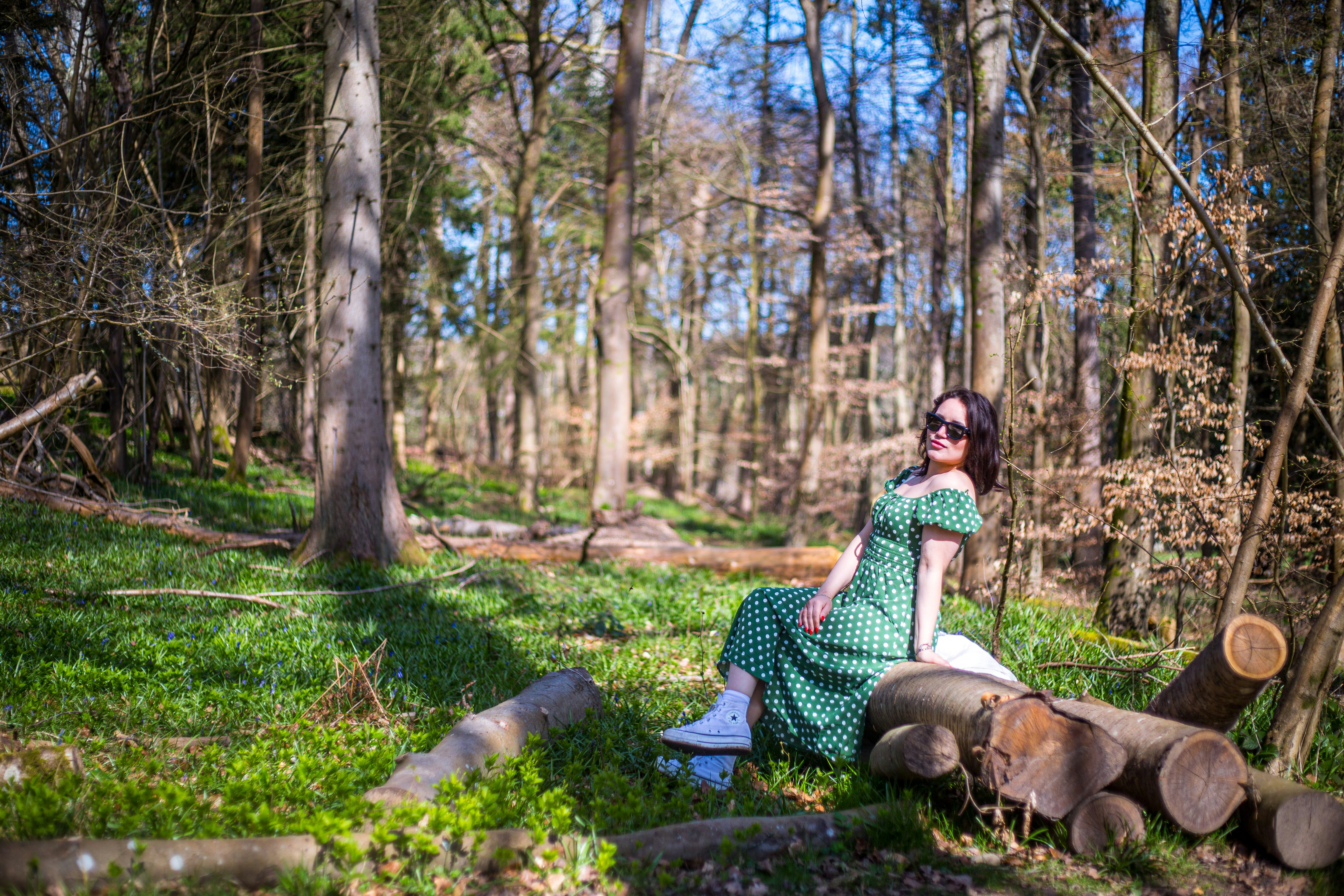 Green Dress, Quiet Woodland: A Moment of Solace on the Log
