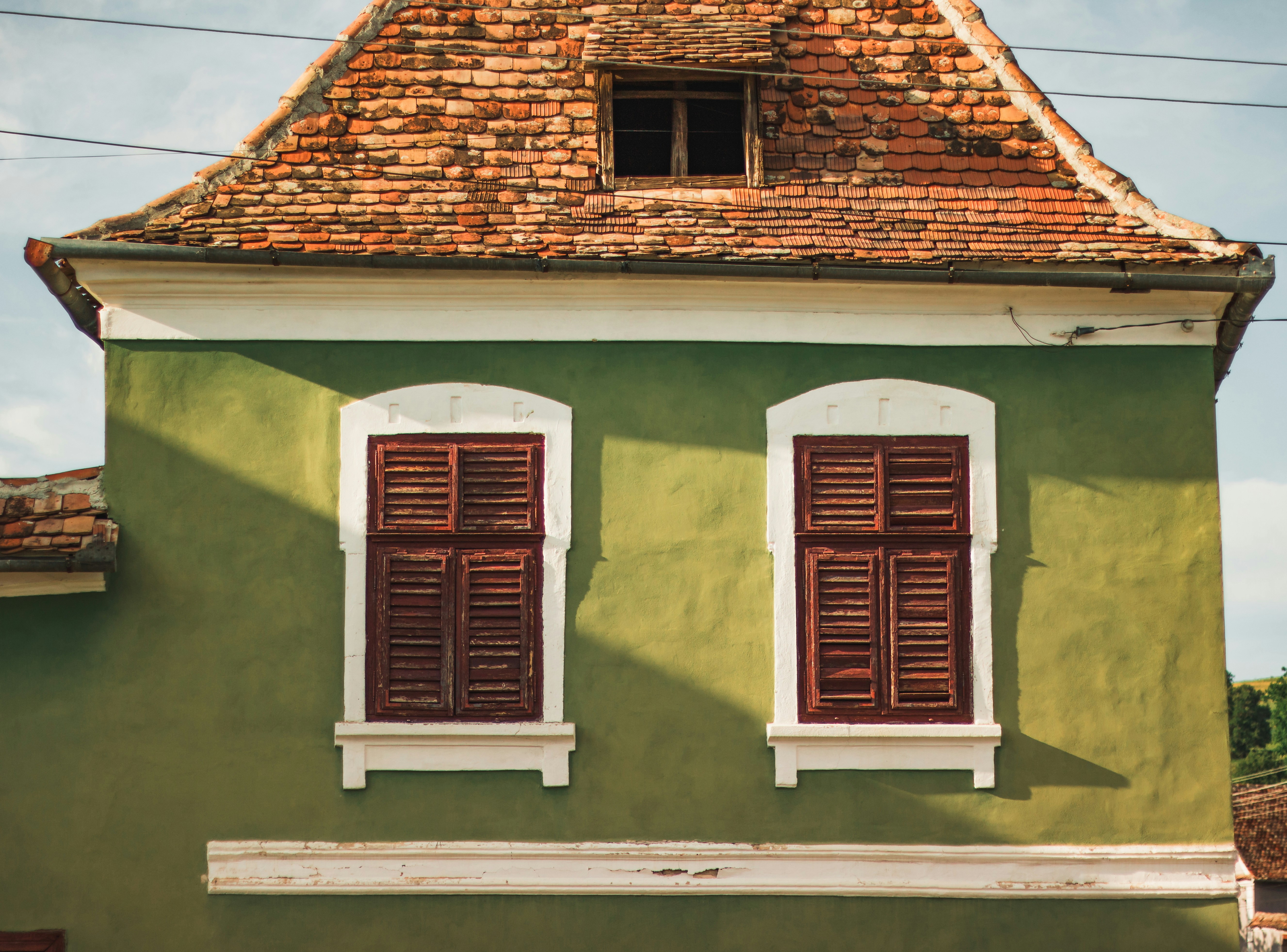 Sunlit Green Facade with Shuttered Windows