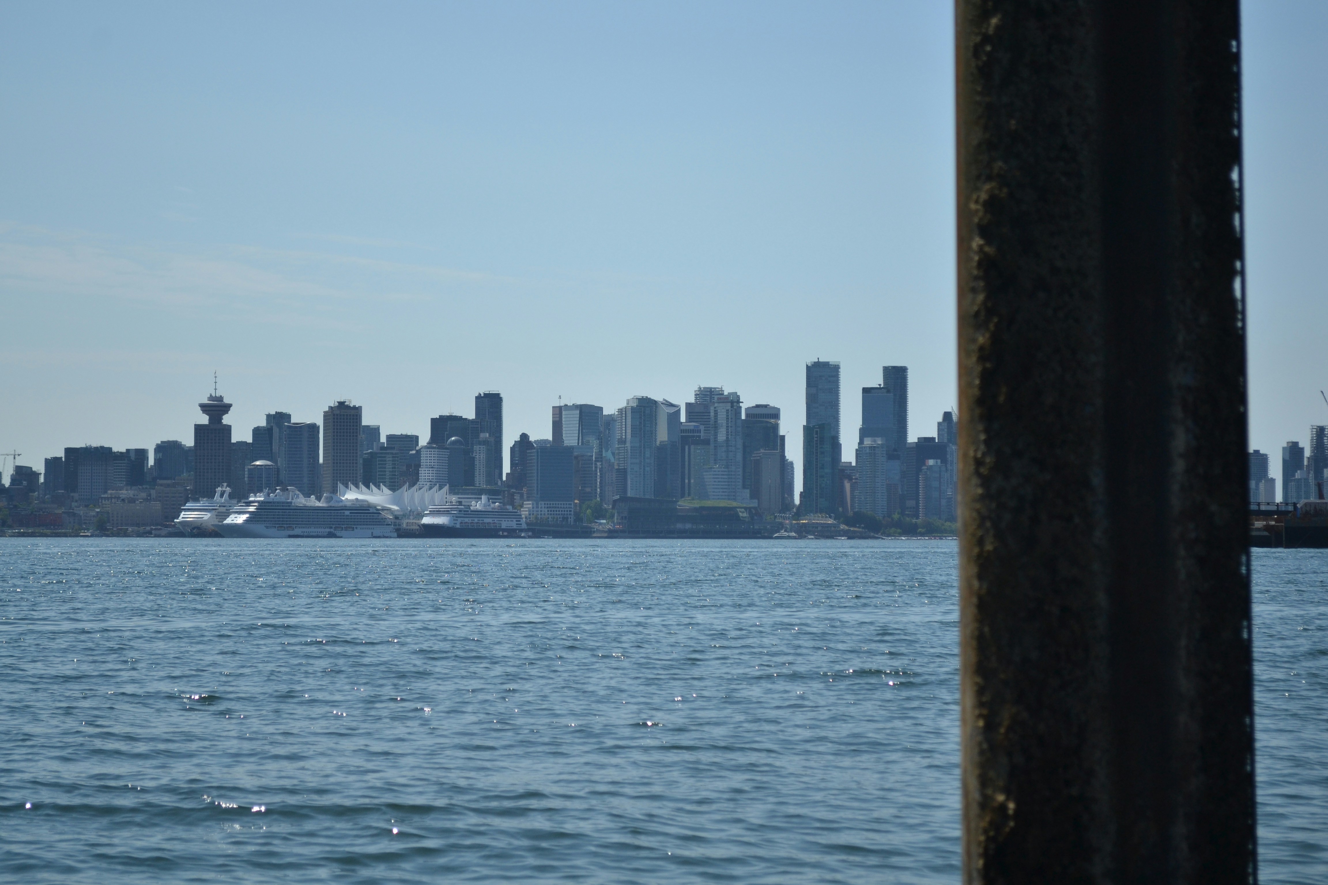 A distant urban skyline sits beyond a calm body of water, with a rusted pier post in the foreground adding depth.