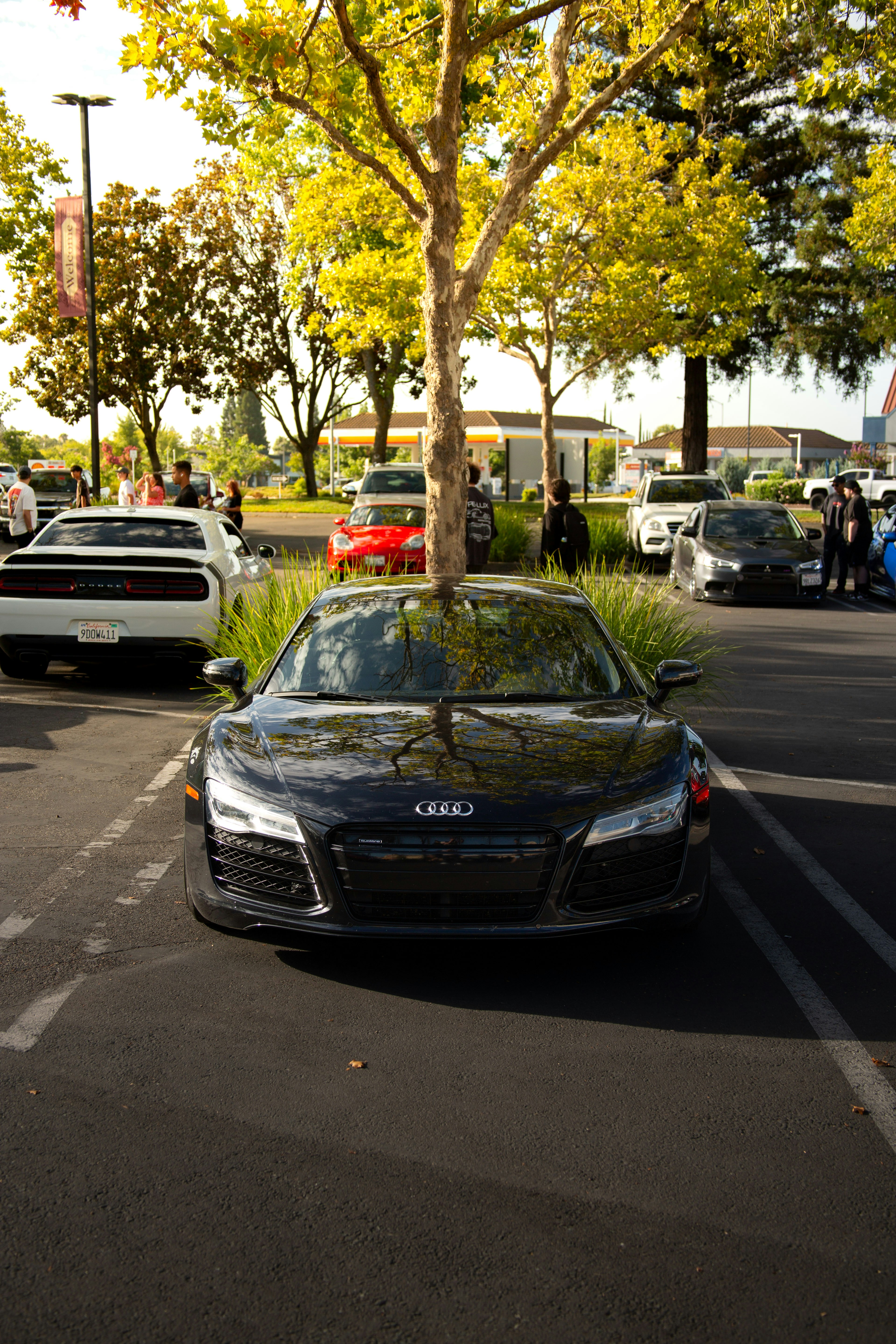 Front-and-center: Finned Grille and Car Reveal in a Parked Lot