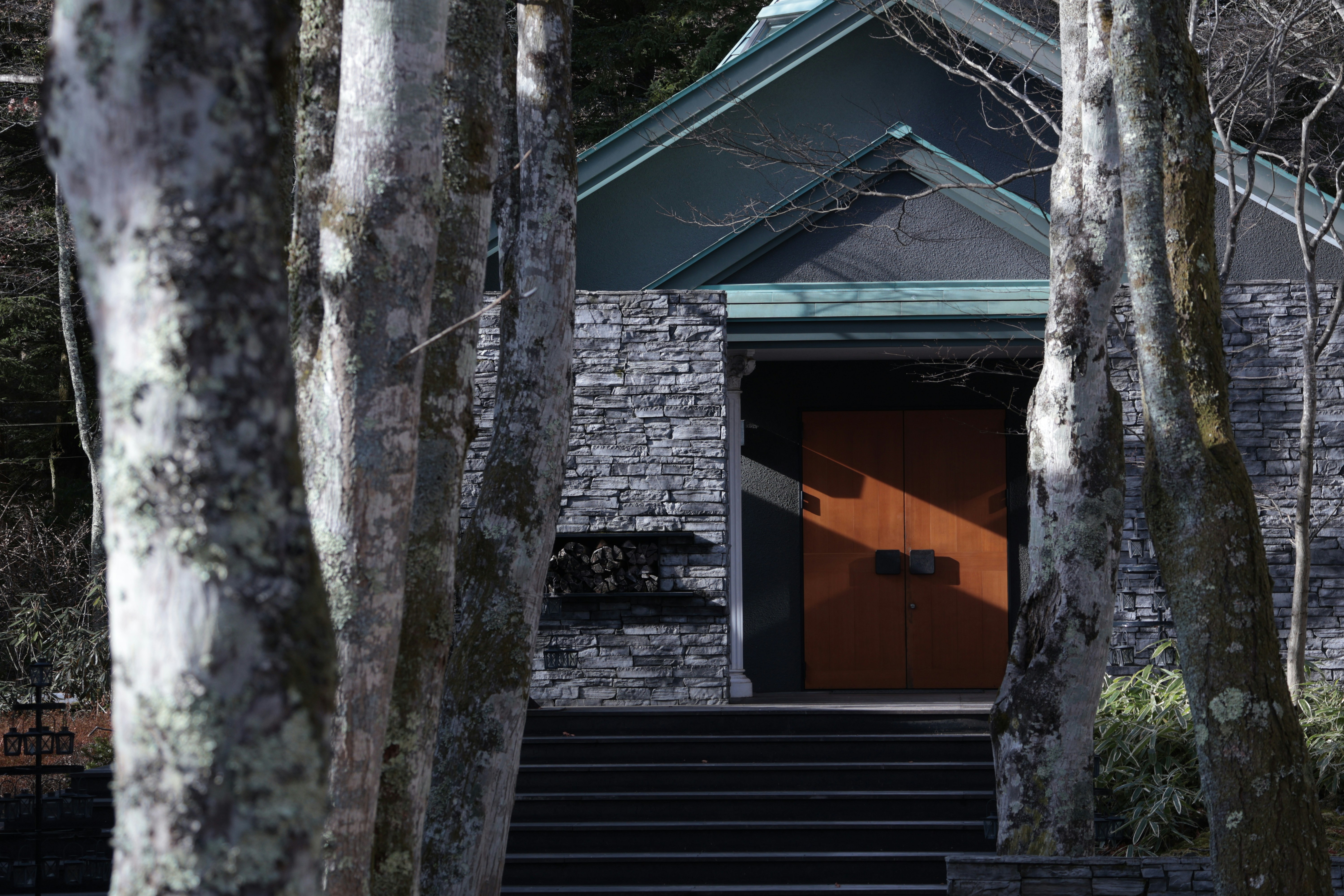 Hidden Entrance: A Stone Facade Framing a Wooden Door