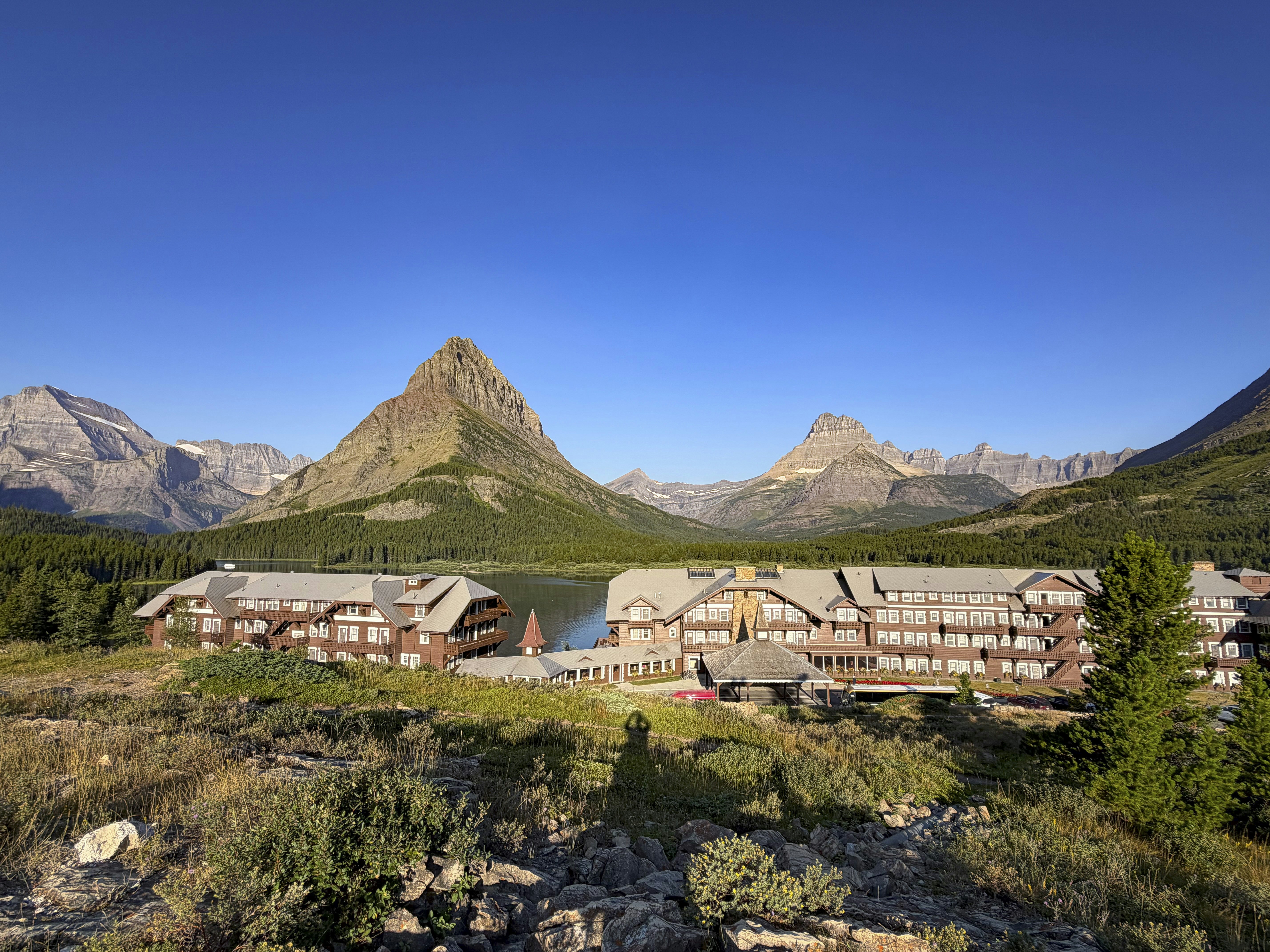 Many Glacier Hotel on the shore of Swiftcurrent Lake in Glacier National Park