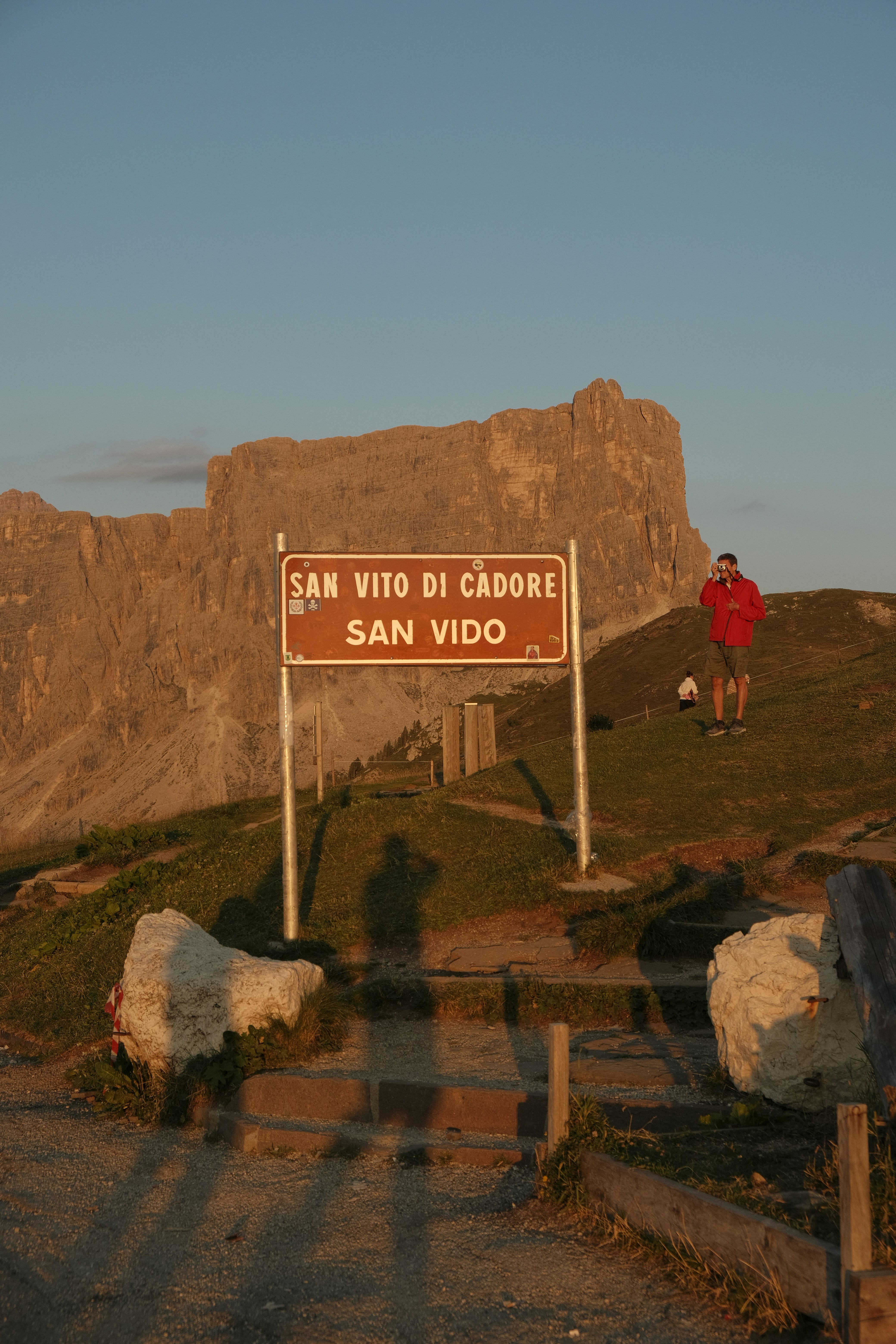 Signpost at Sunset Over Dolomitic Ridge