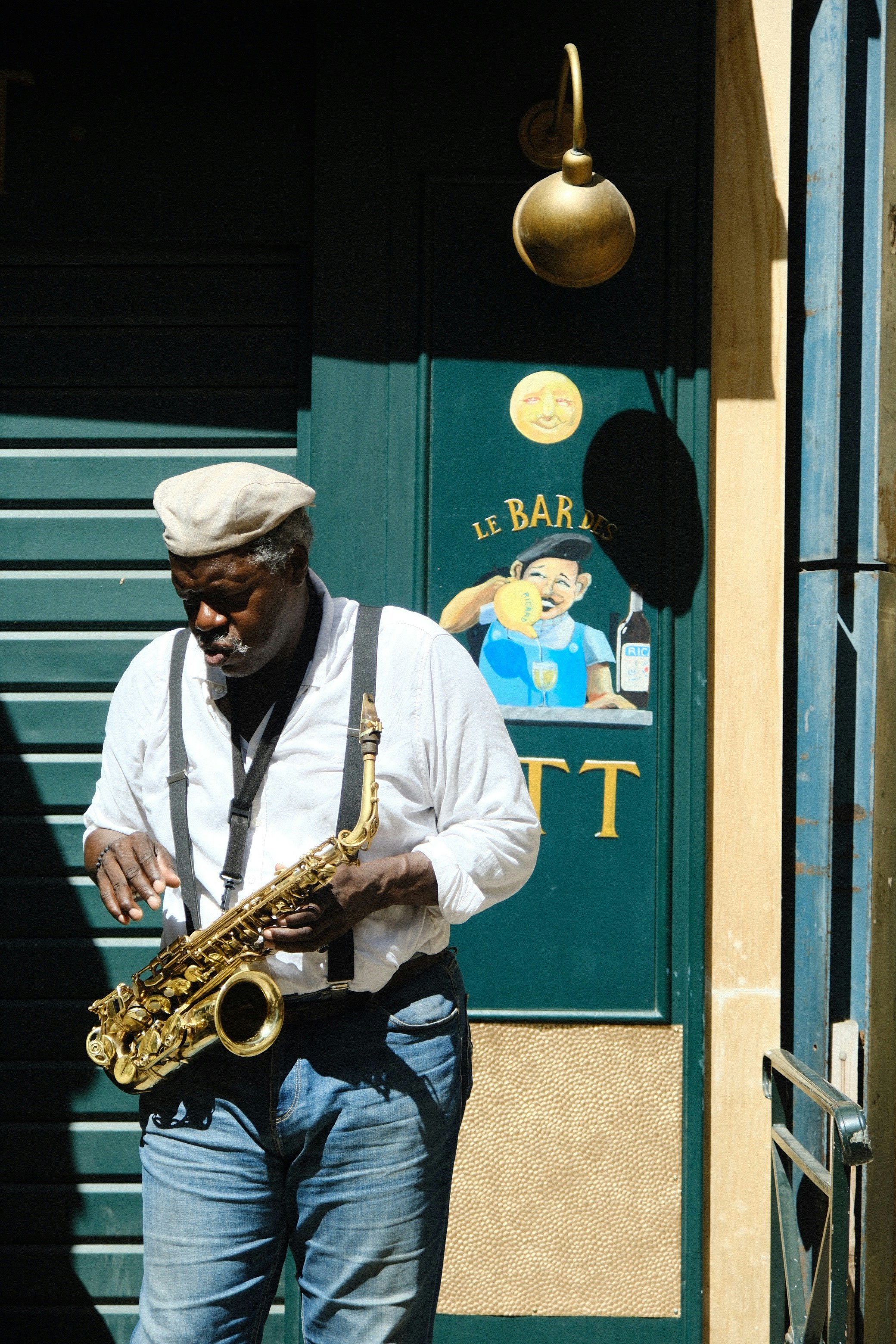 Saxophone Street Serenade: Sunlit Blues Outside Le Bar