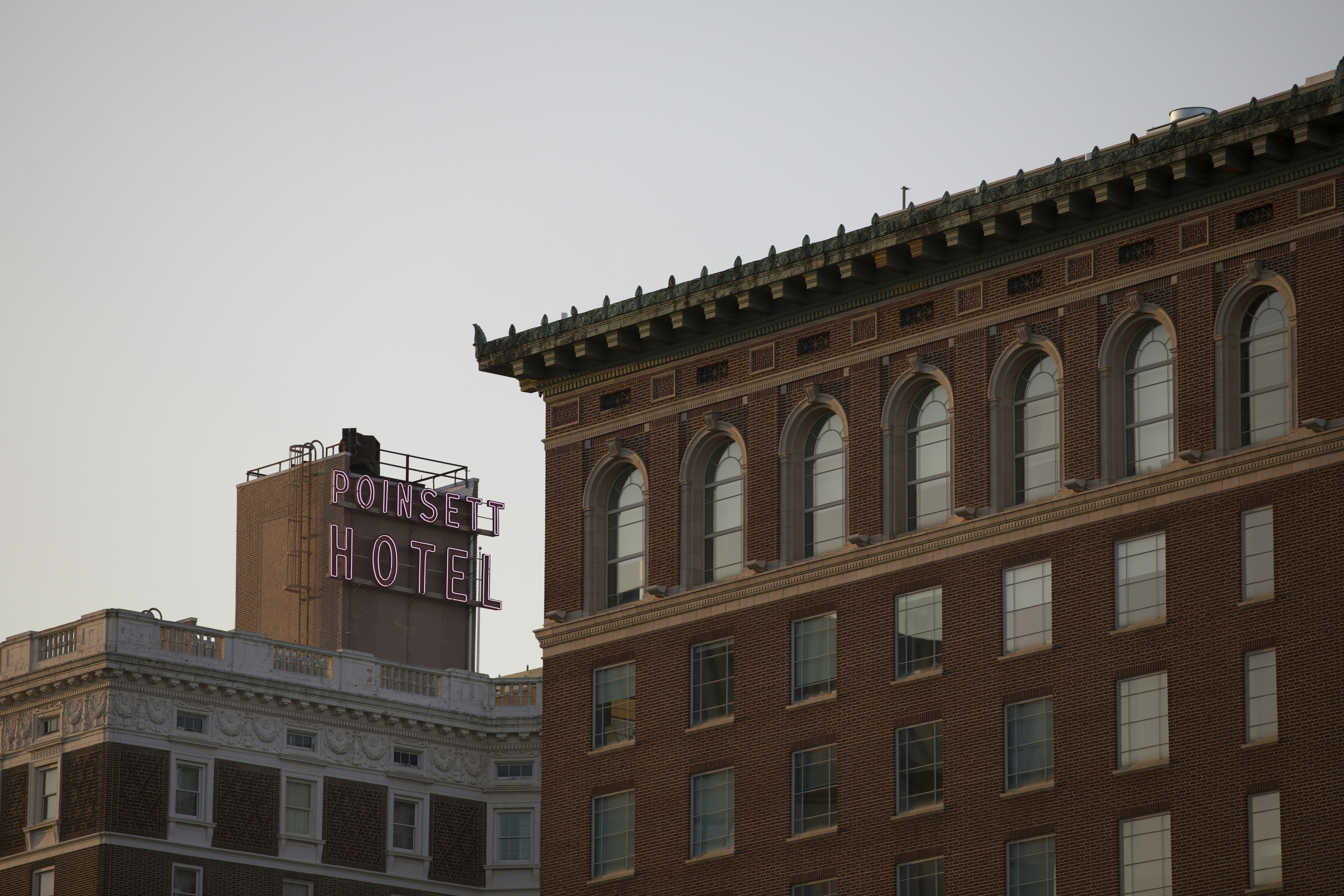 Neon Sign Over the Brick Facades