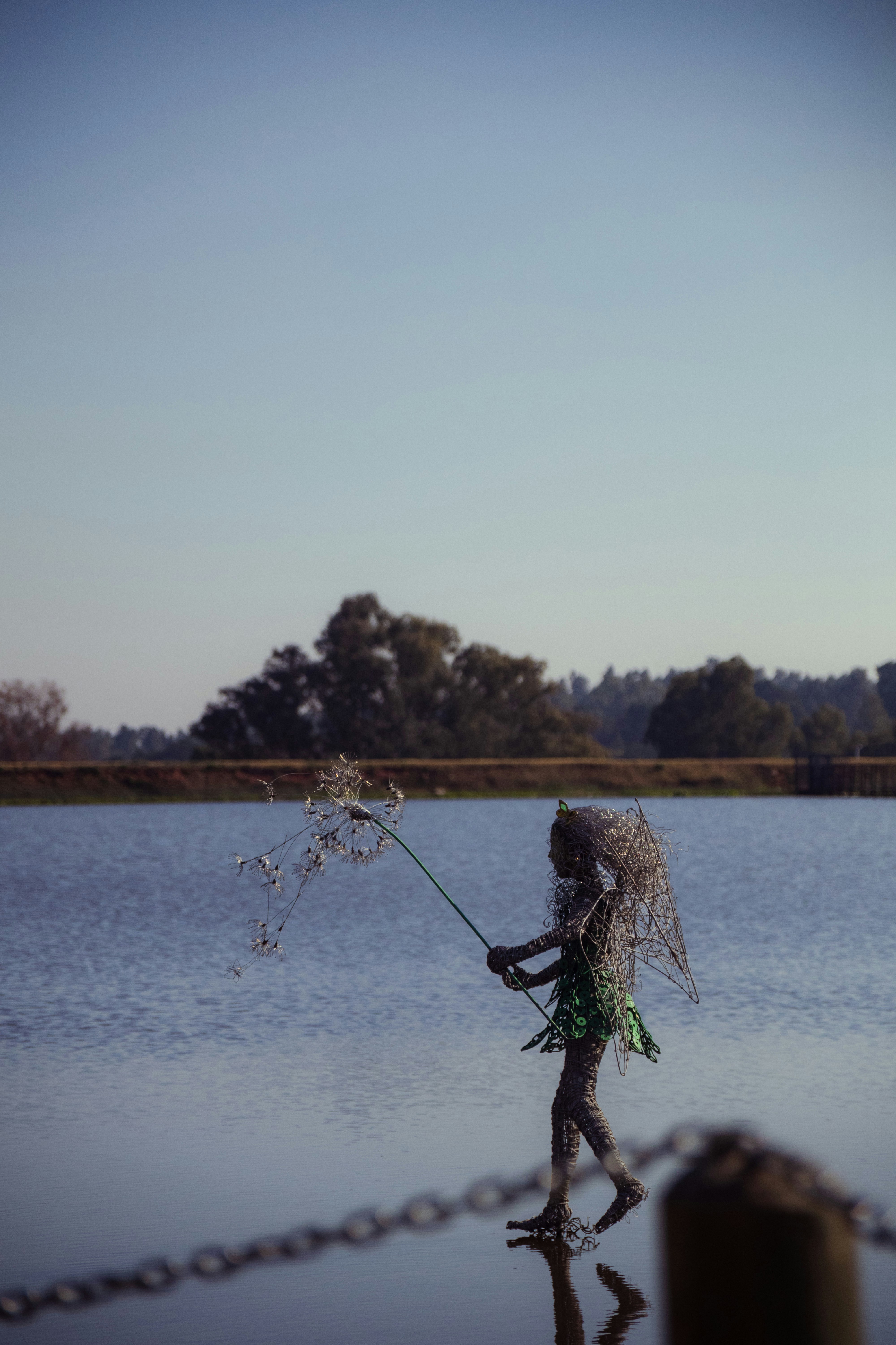Silhouette of a Net-Wielding Figure Crossing a Gentle Lake