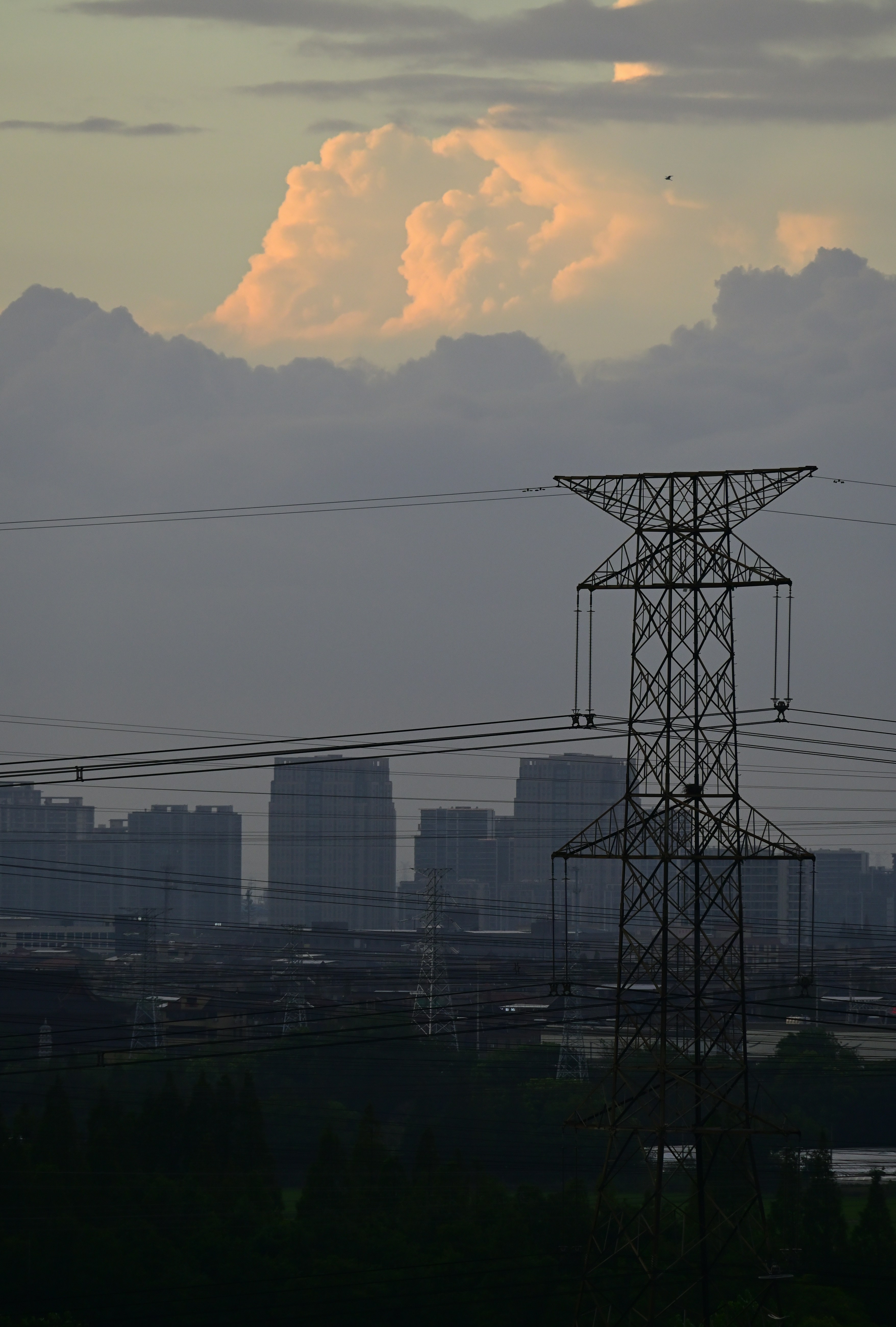 Silhouetted Transmission Tower Crowned by Distant Skyline