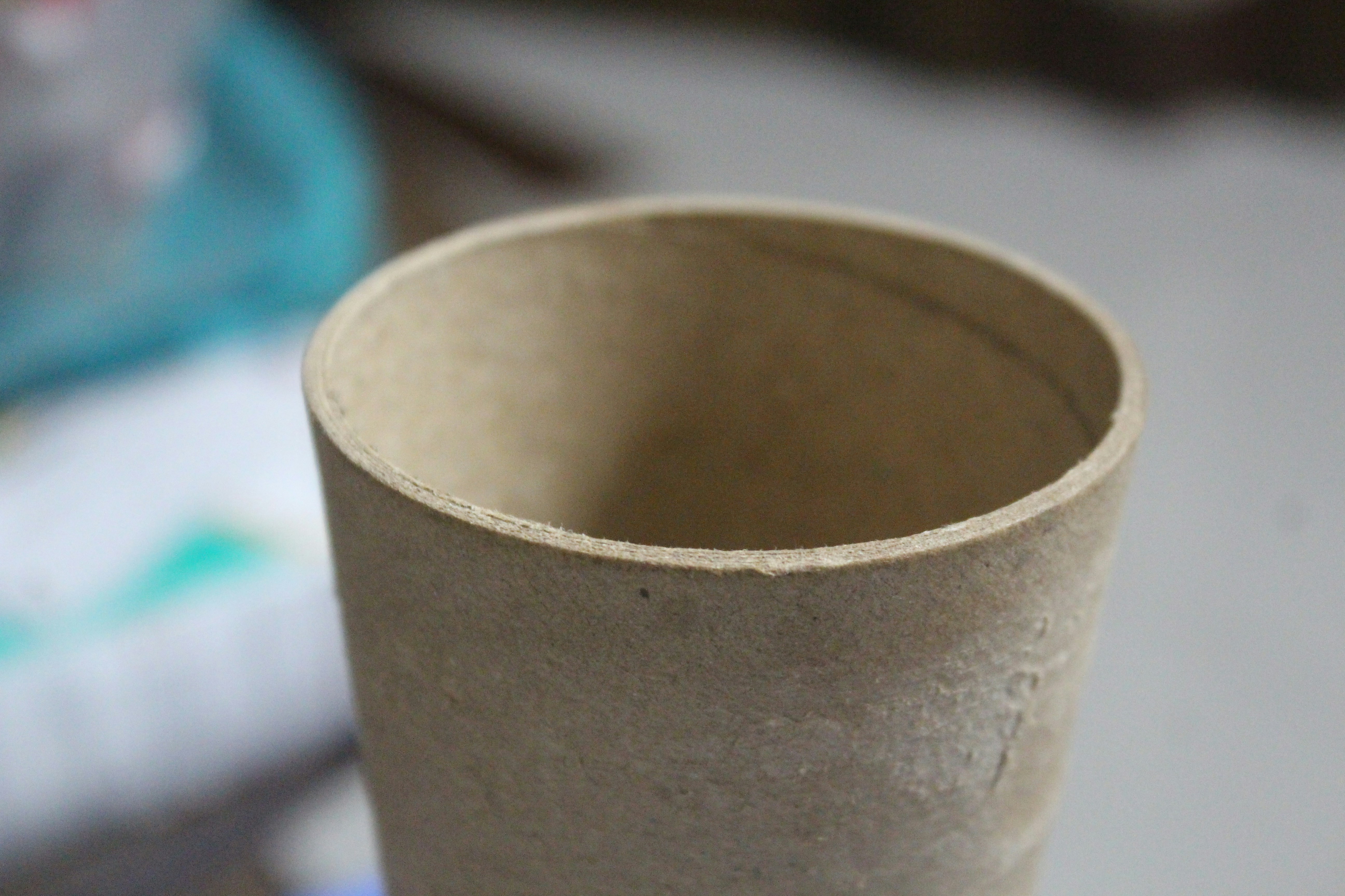 Close-up of a rough, cylindrical cardboard tube with a slightly weathered edge, set against a soft, out-of-focus background.