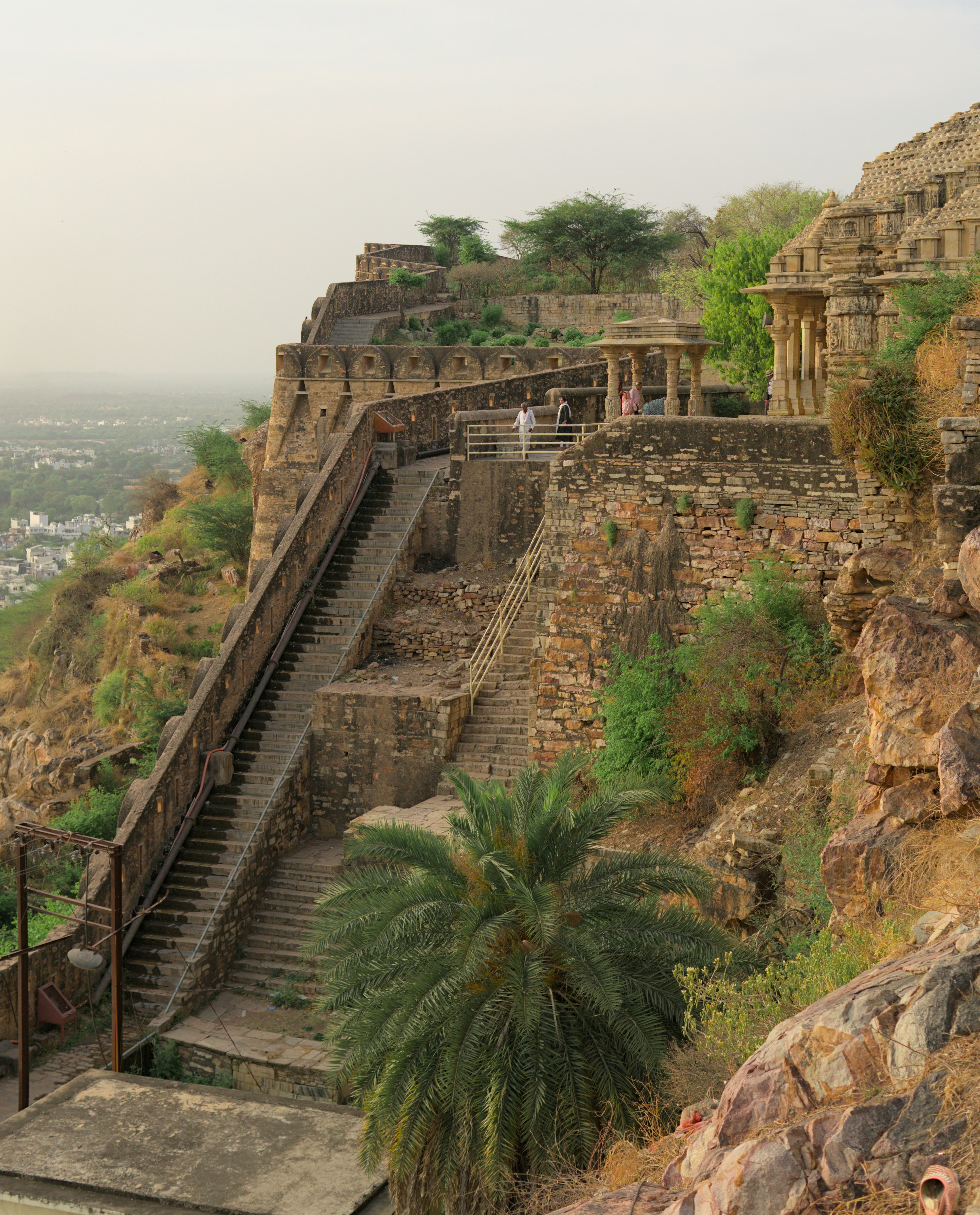 Terraced Fortress Overlook: Stone Steps and Palm Fronds