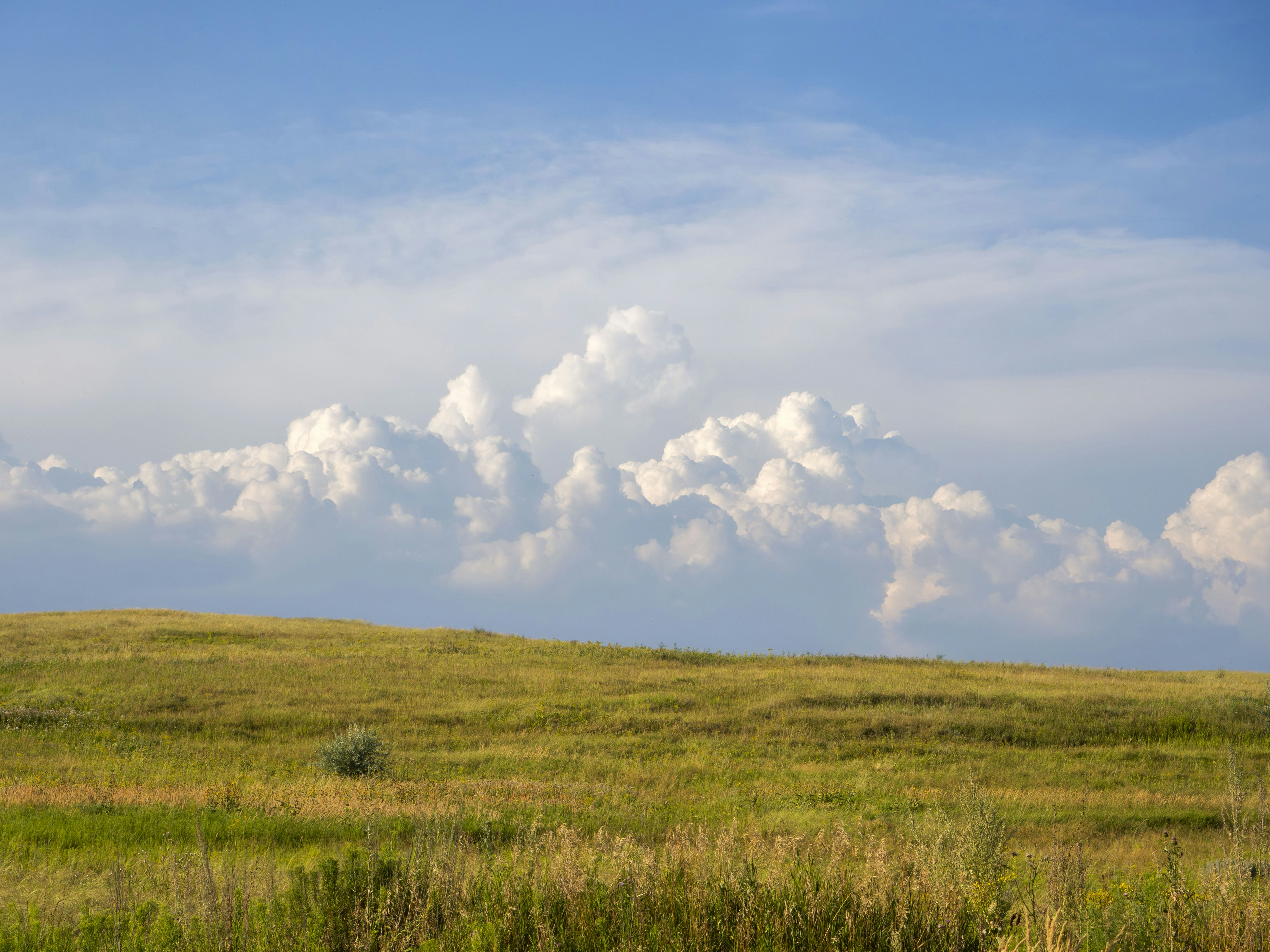 A green hill against a sky filled with dramatic cumulus clouds