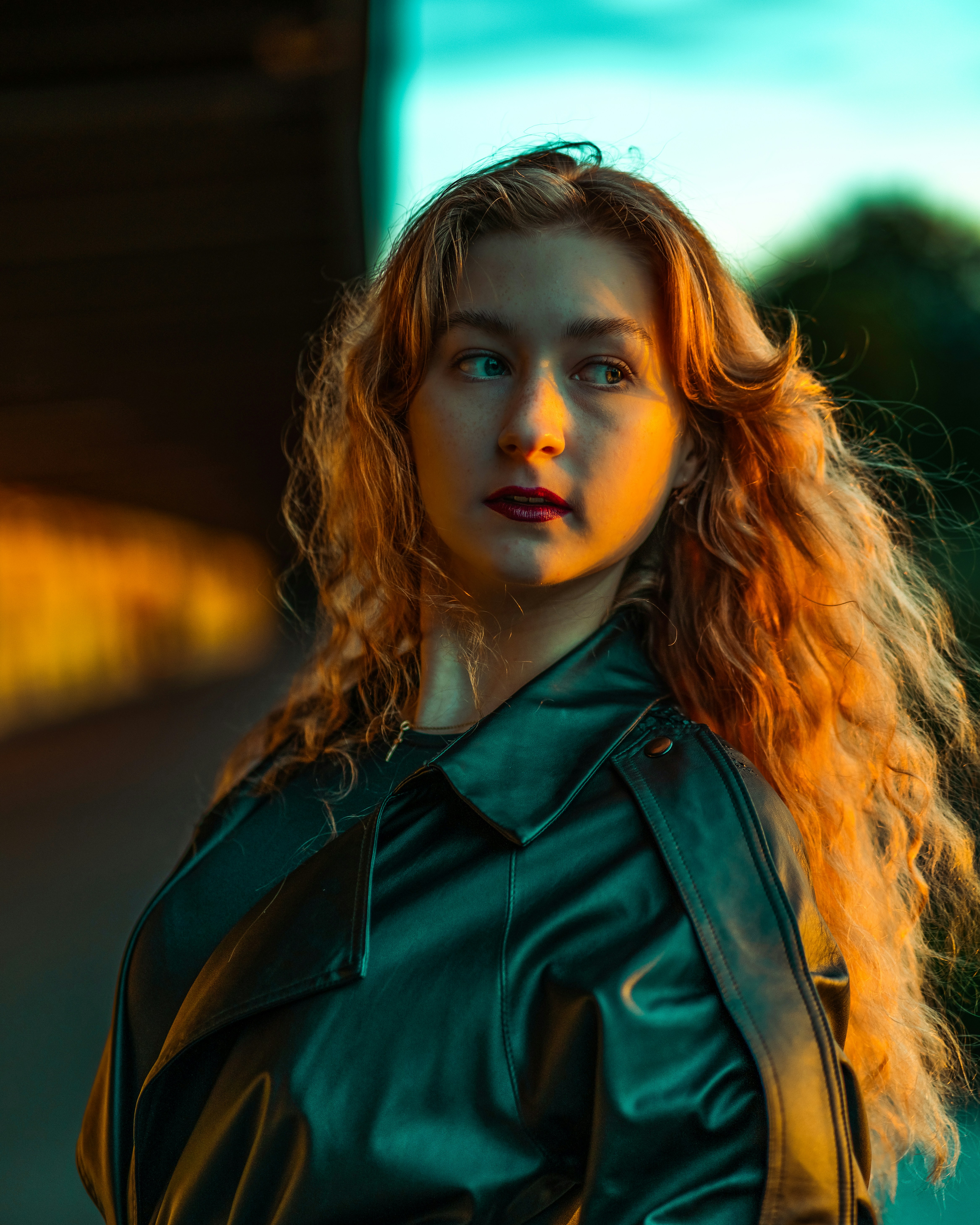 Aurora Portrait under Neon Cliff: A Portrait in Warm and Cool Contrasts