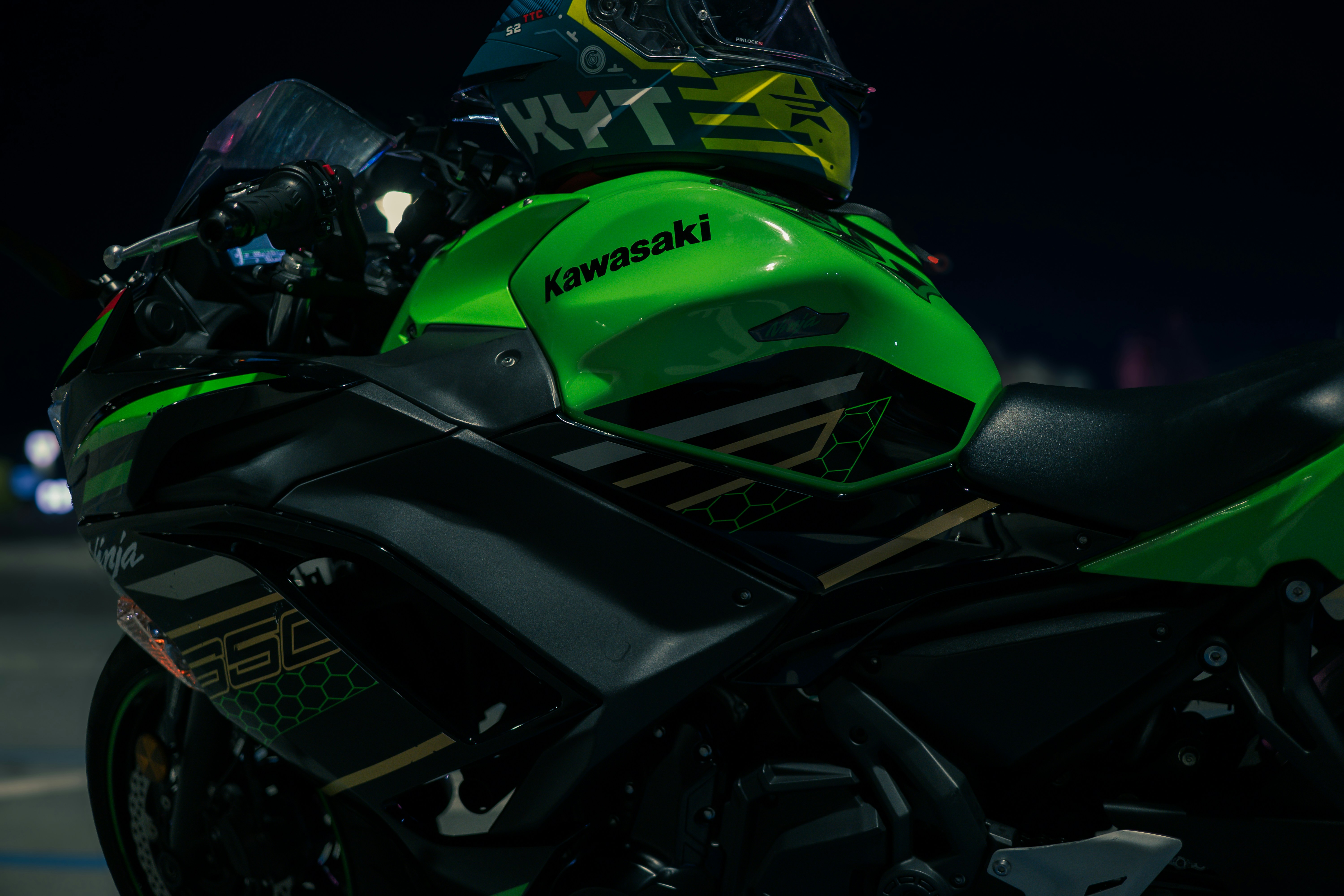 Neon Green Kawasaki Shadow: Night Ride Portrait