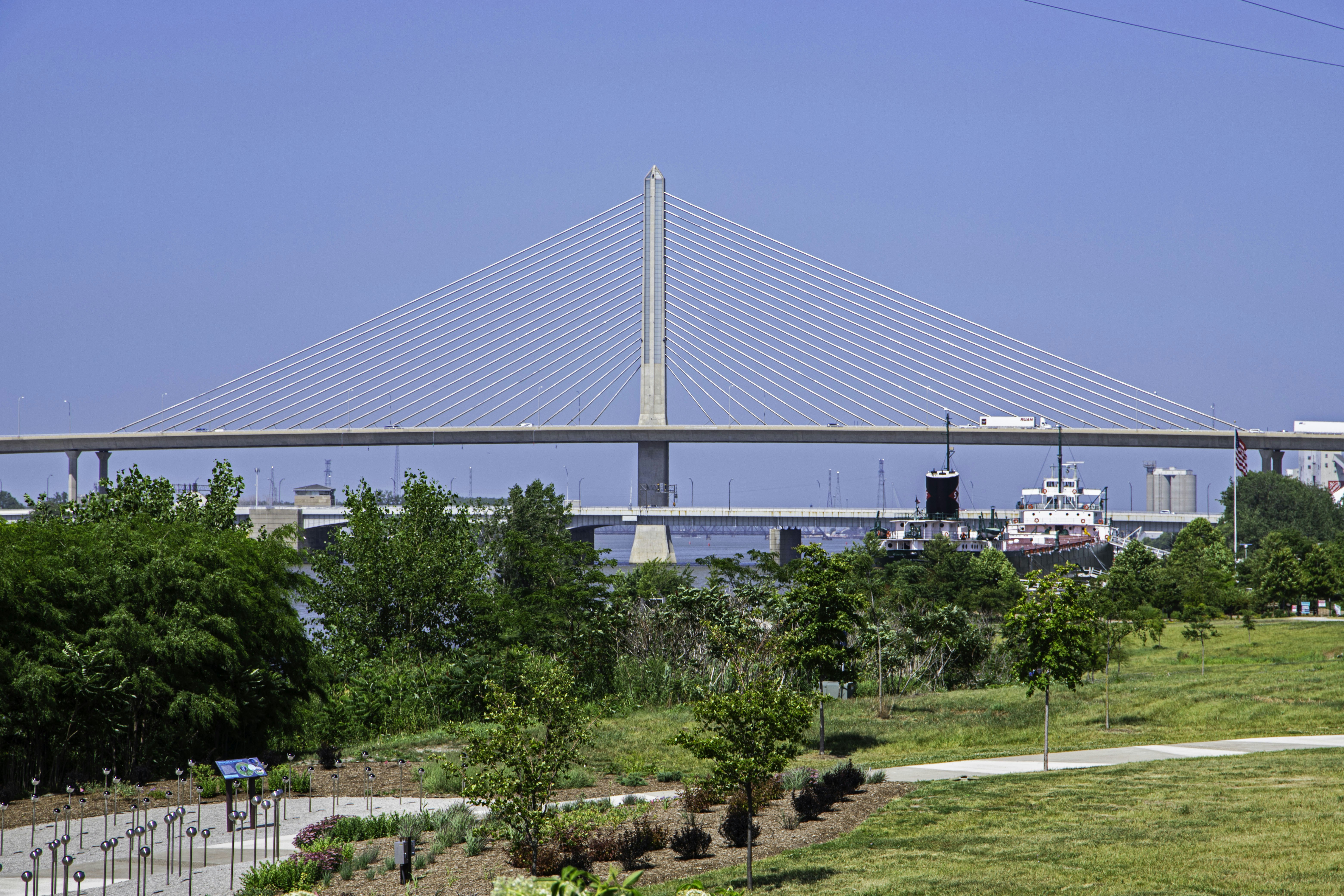 Cabled Silence: A River Bridge Framed by Green Banks
